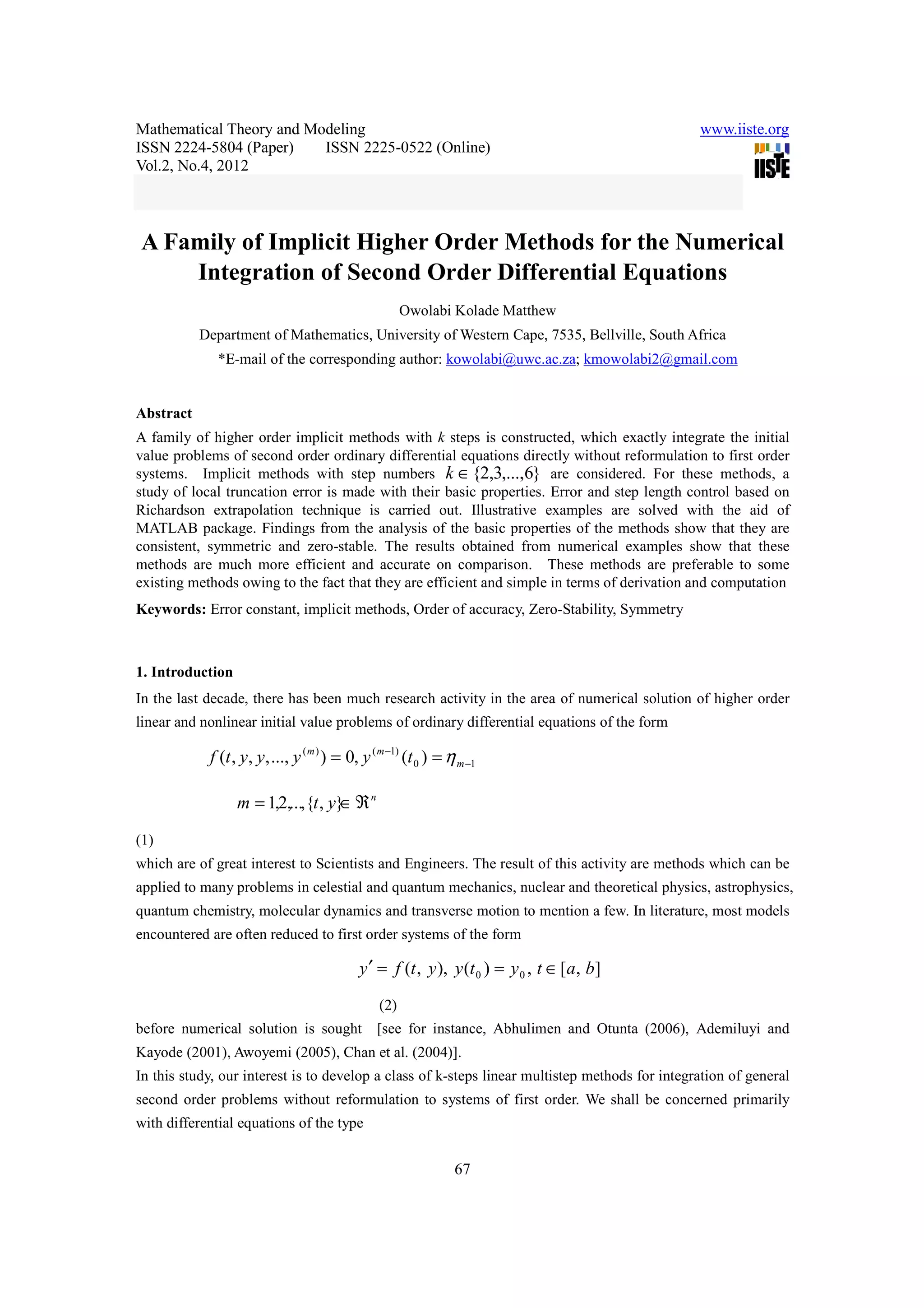 11.a family of implicit higher order methods for the numerical integration of second order ...