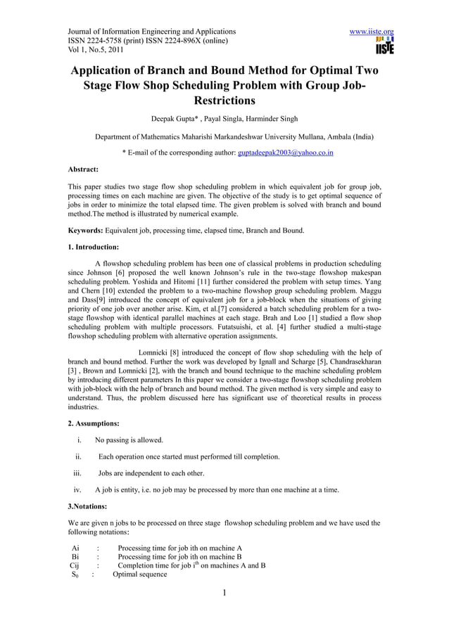 11.application of branch and bound method for optimal two stage flow shop scheduling problem ...