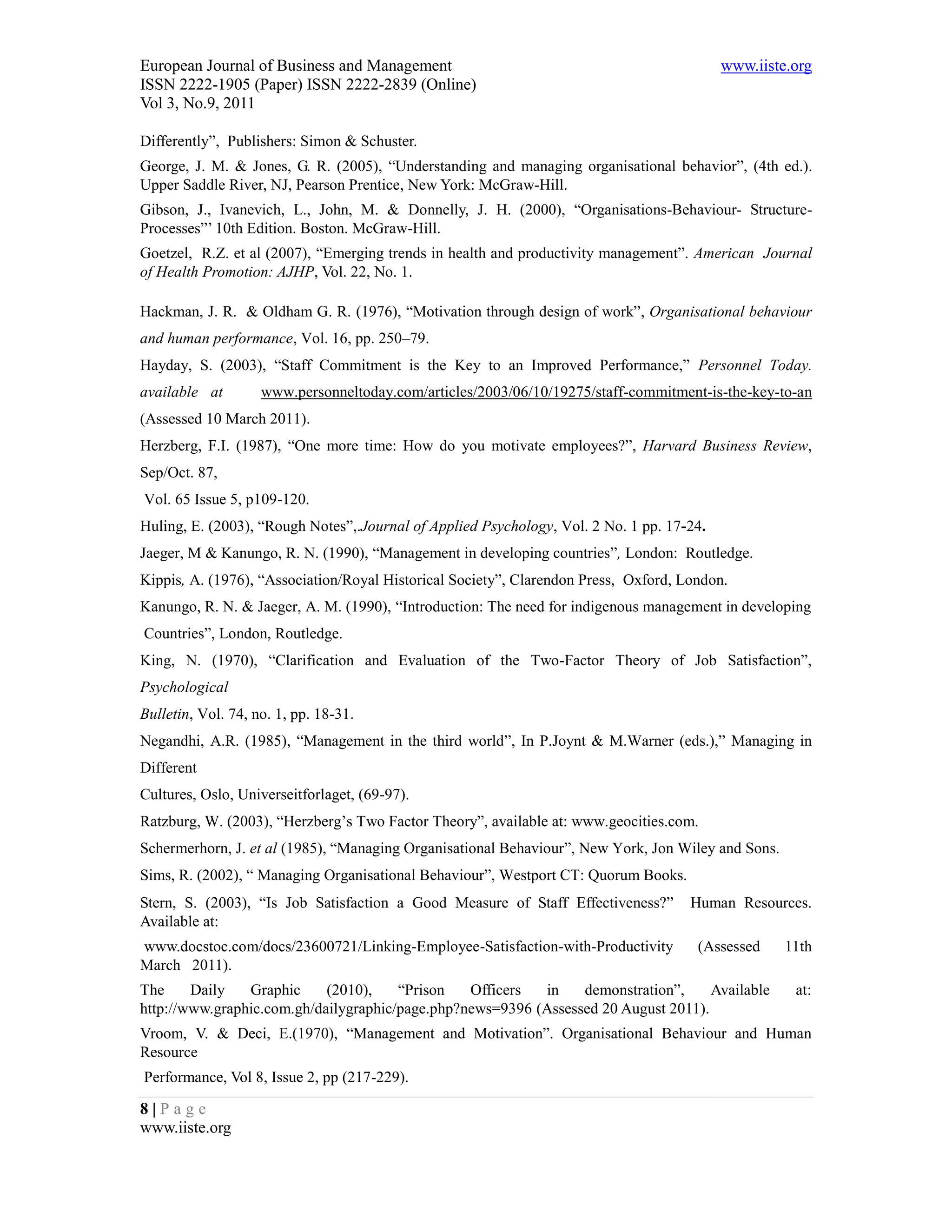 11.application of frederick herzberg’s two factor theory in assessing and understanding employee ...