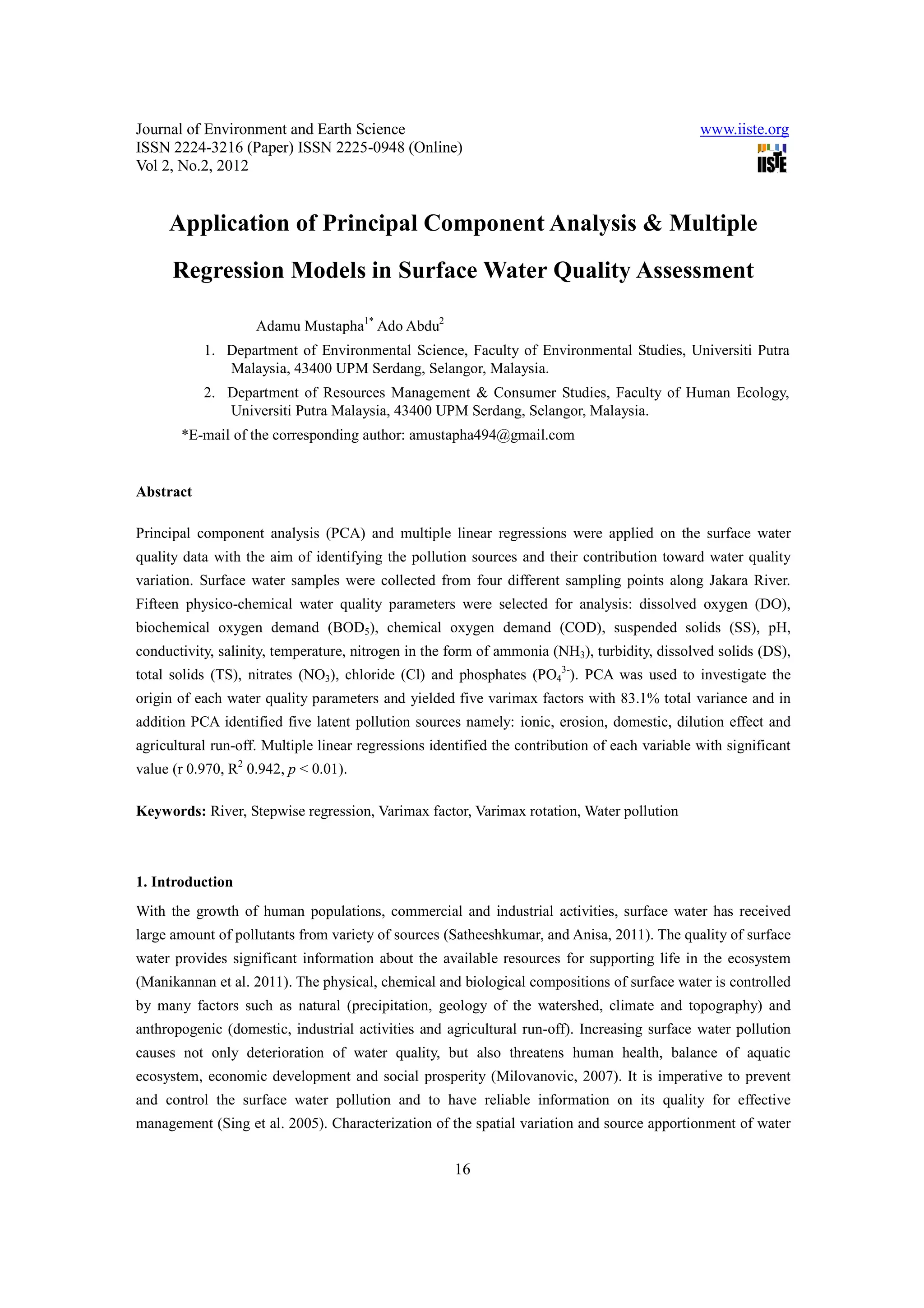 11.application of principal component analysis & multiple regression models in surface water ...