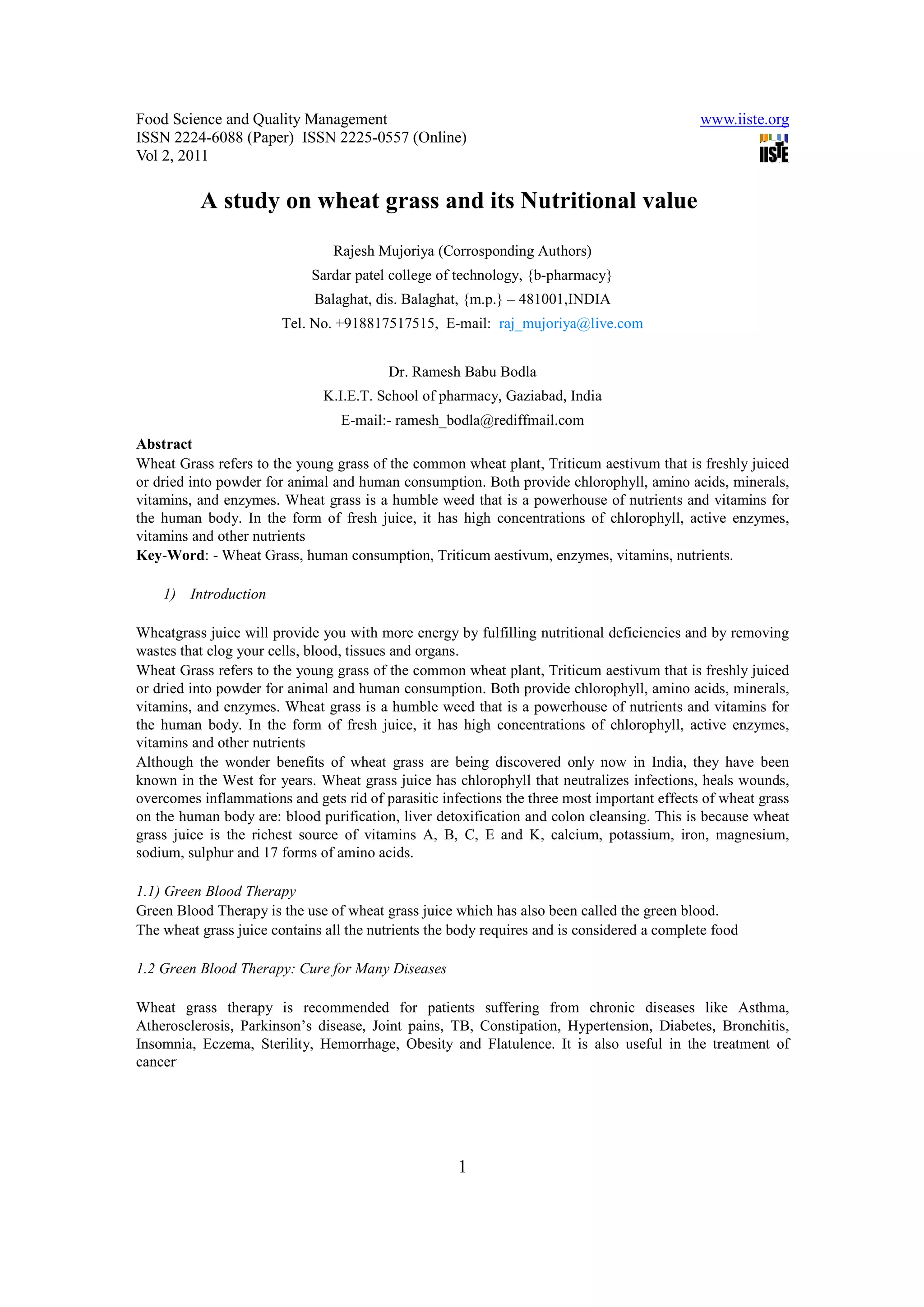 11.a study on wheat grass and its nutritional value | PDF