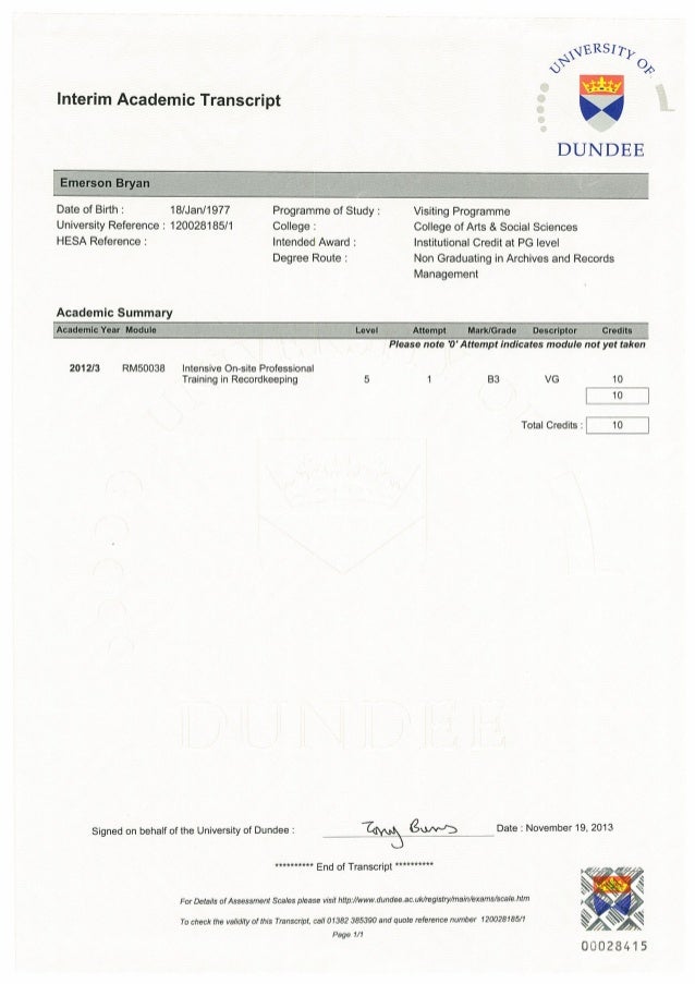 University Academic Transcript: Recordkeeping