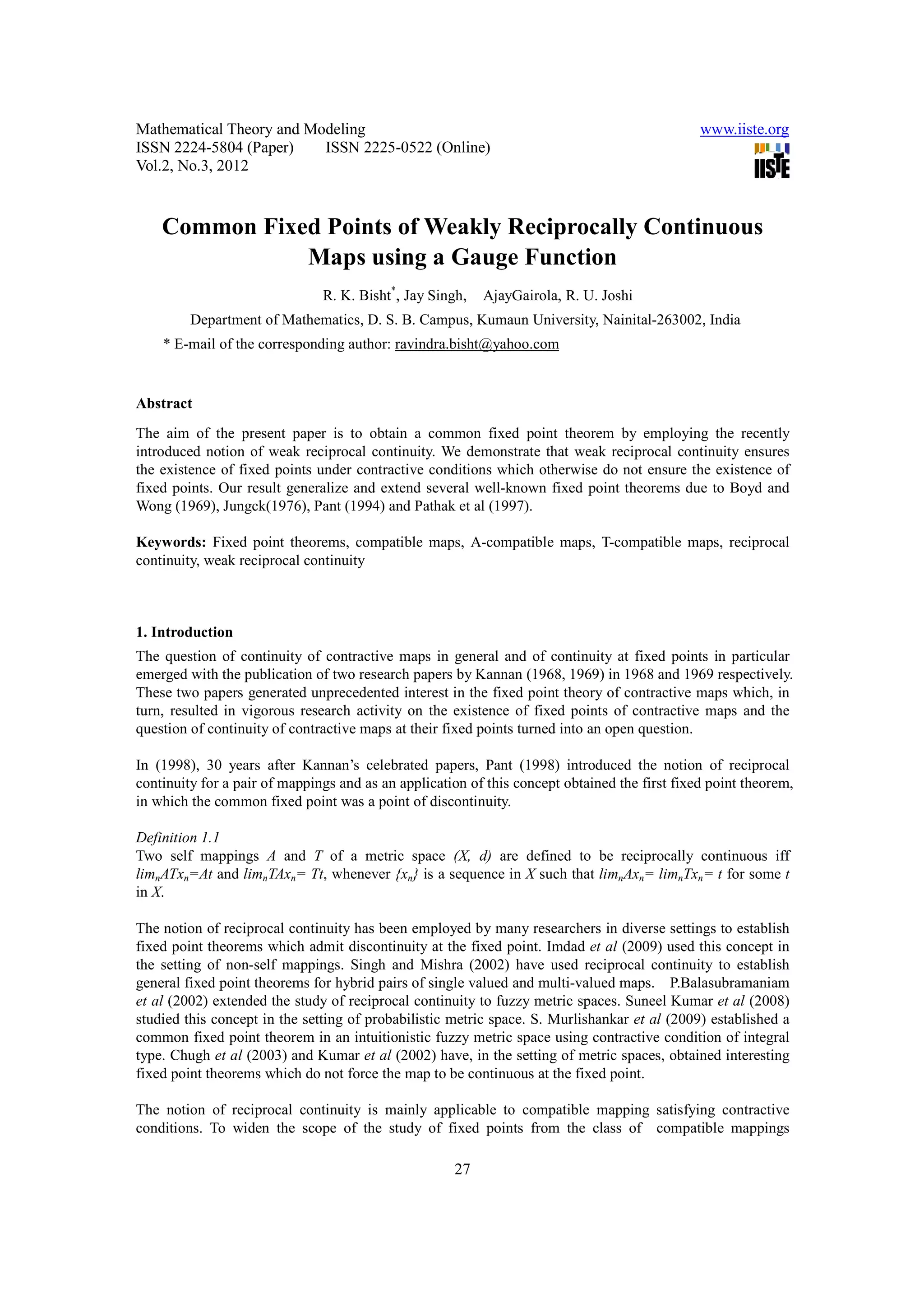 Mon Fixed Points Of Weakly Reciprocally Continuous Maps Using A Gauge Function Pdf