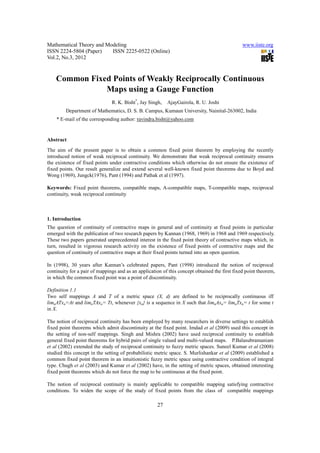 11.common fixed points of weakly reciprocally continuous maps using a gauge function | PDF