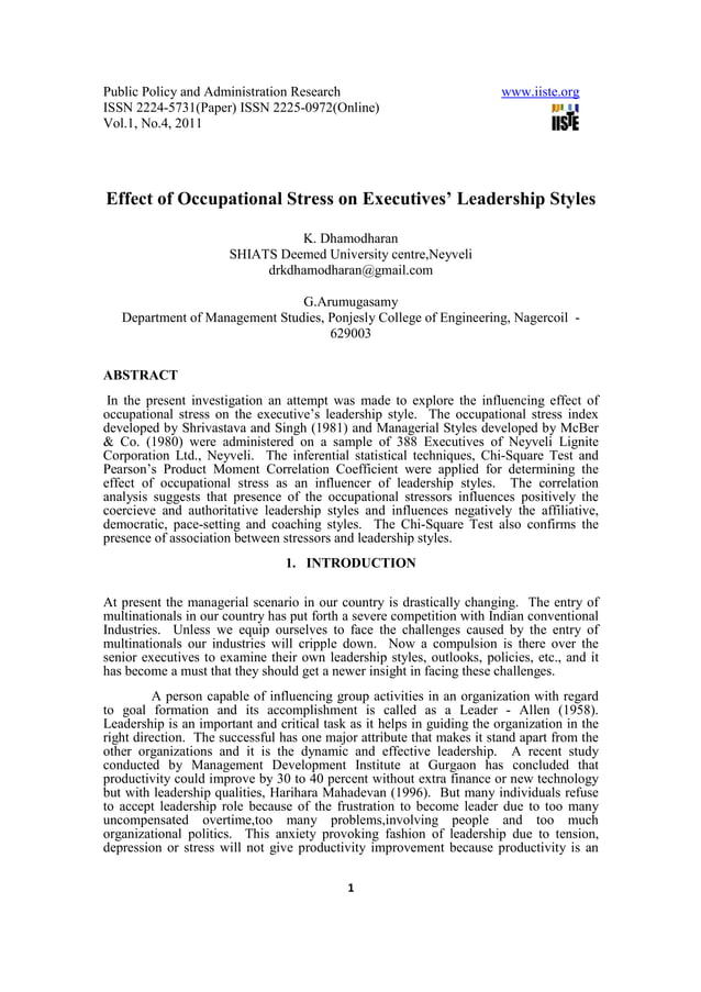 11.effect of occupational stress on executives leadership styles | PDF