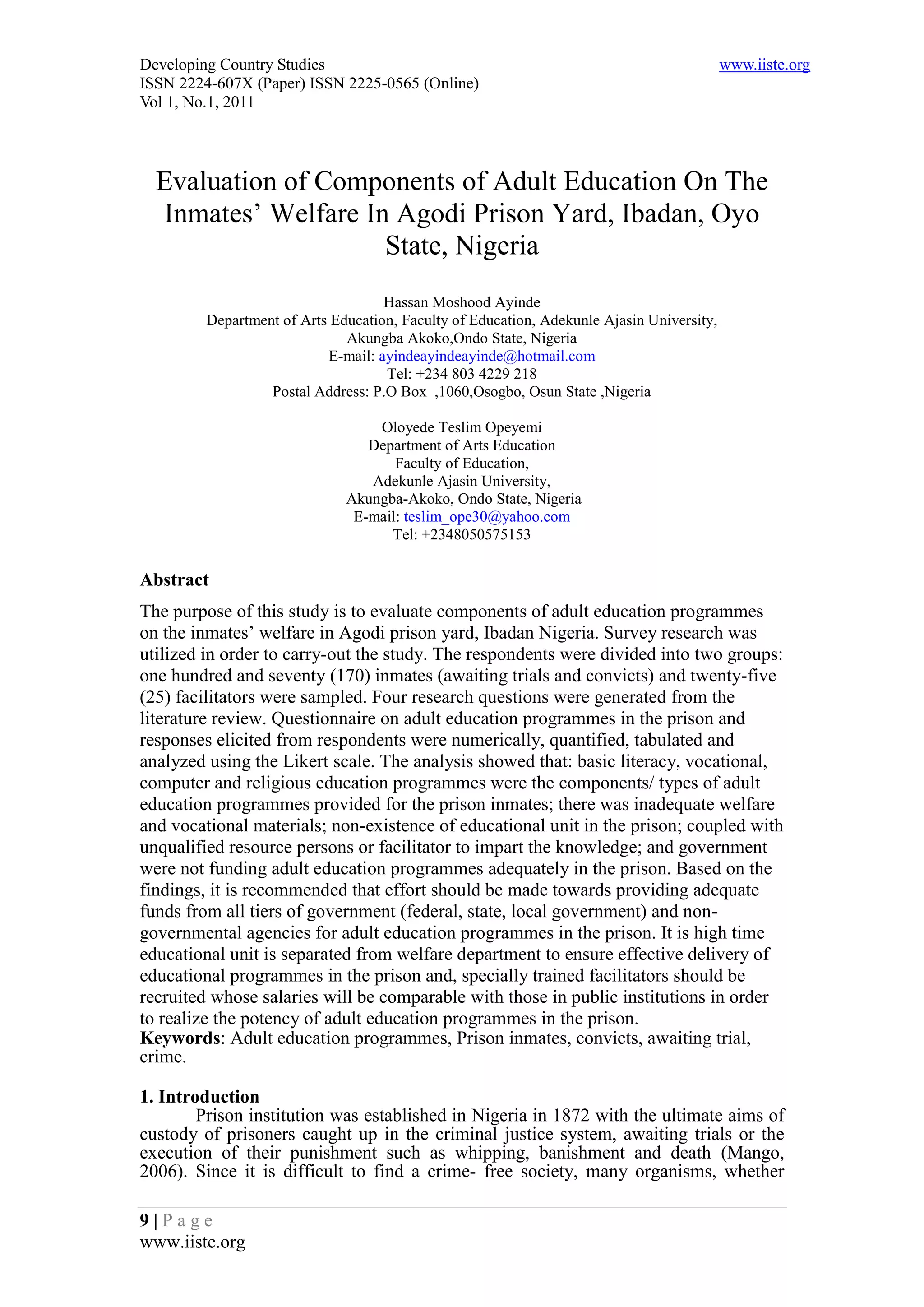 11.evaluation of components of adult education on the inmates’ welfare ...