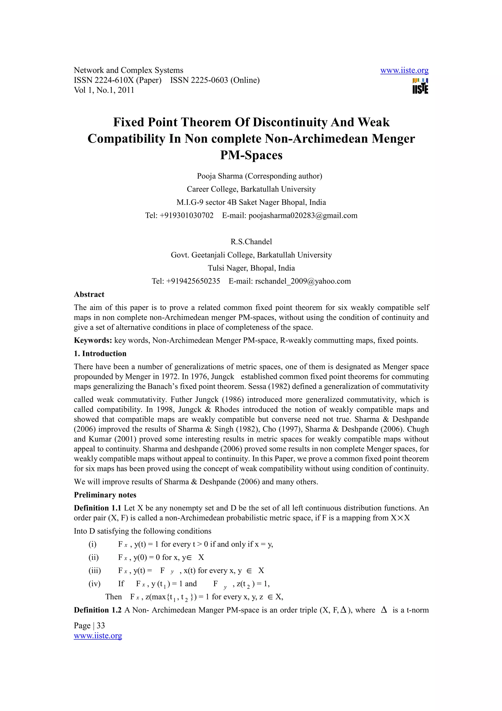 11.fixed point theorem of discontinuity and weak compatibility in non complete non archimedean ...