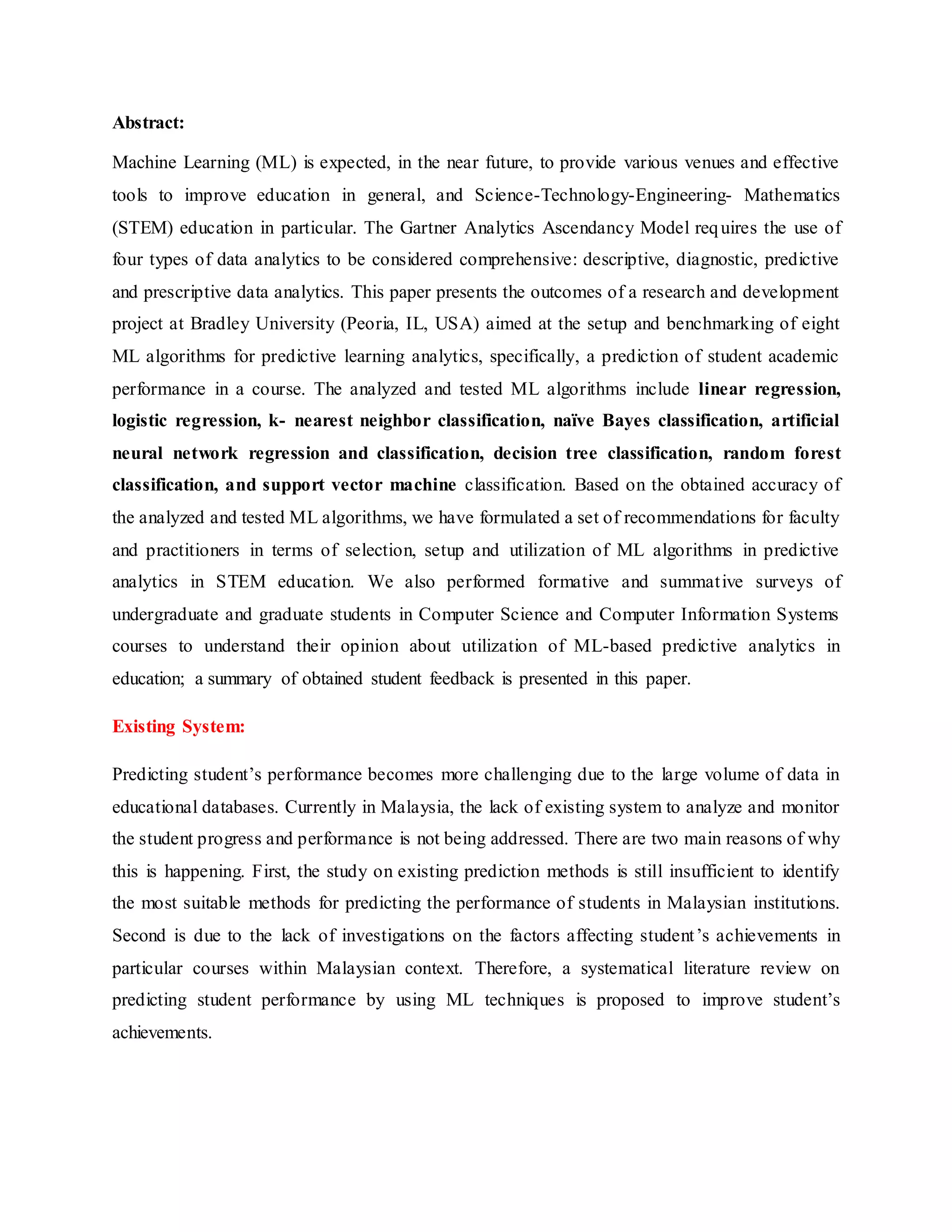 machine learning based predictive analytics of student academic ...