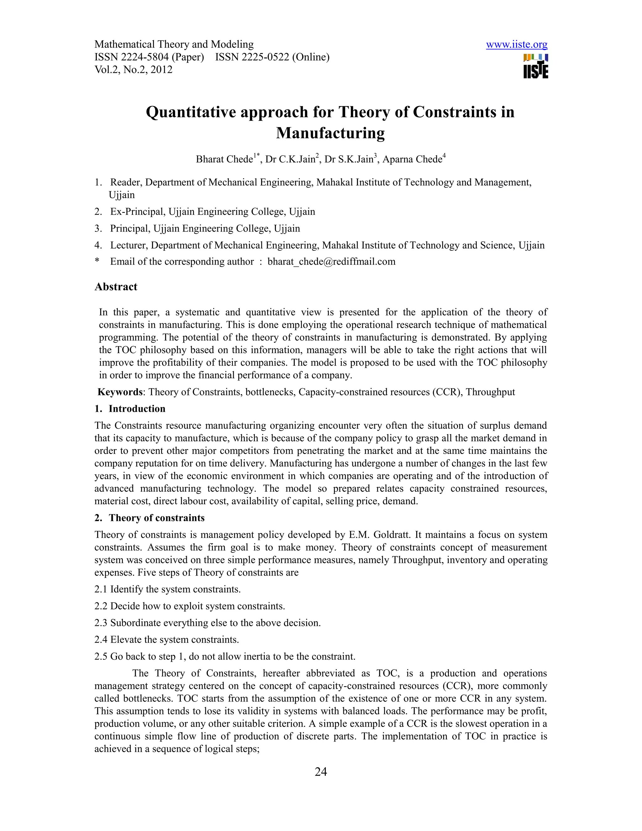 11.quantitative approach for theory of constraints in manufacturing | PDF