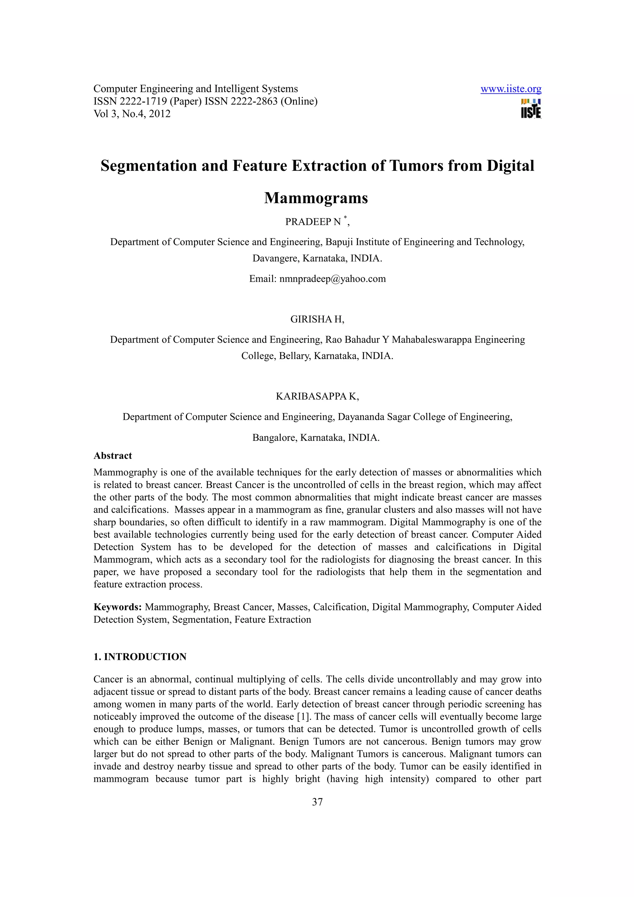 Gmentation And Feature Extraction Of Tumors From Digital Mammograms Pdf