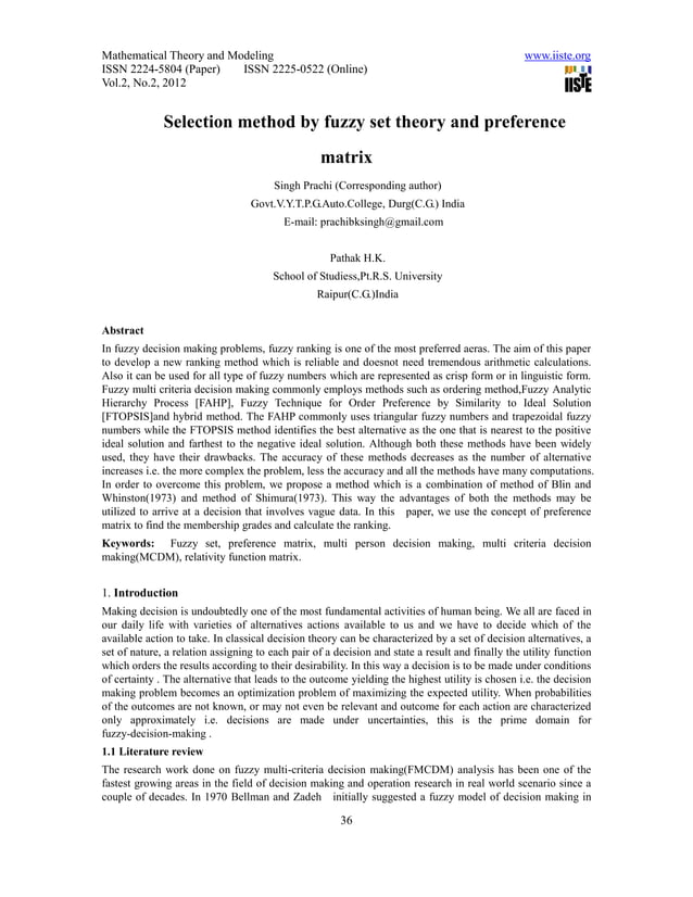 11.selection method by fuzzy set theory and preference matrix | PDF