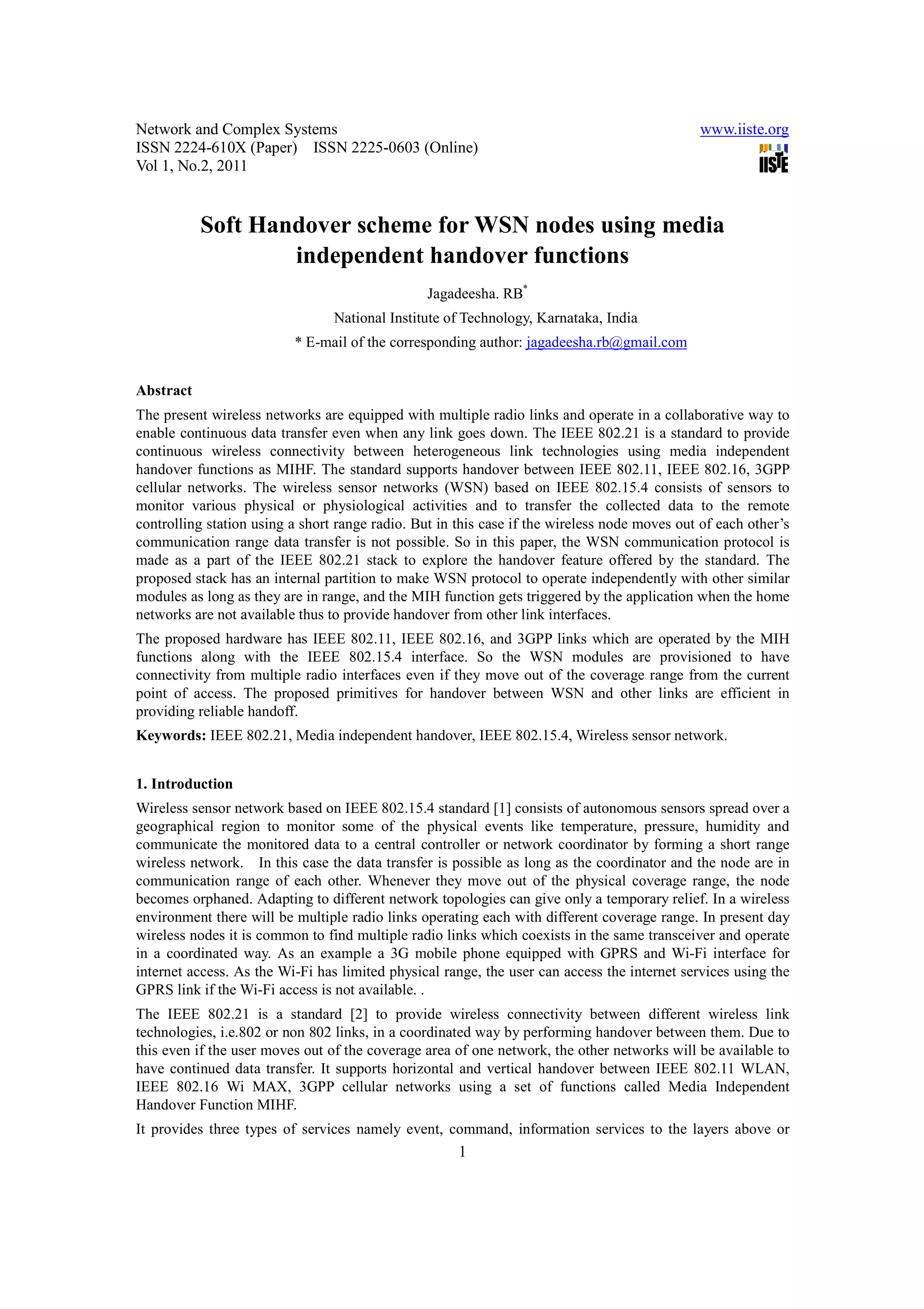 11.soft handover scheme for wsn nodes using media independent handover functions | PDF