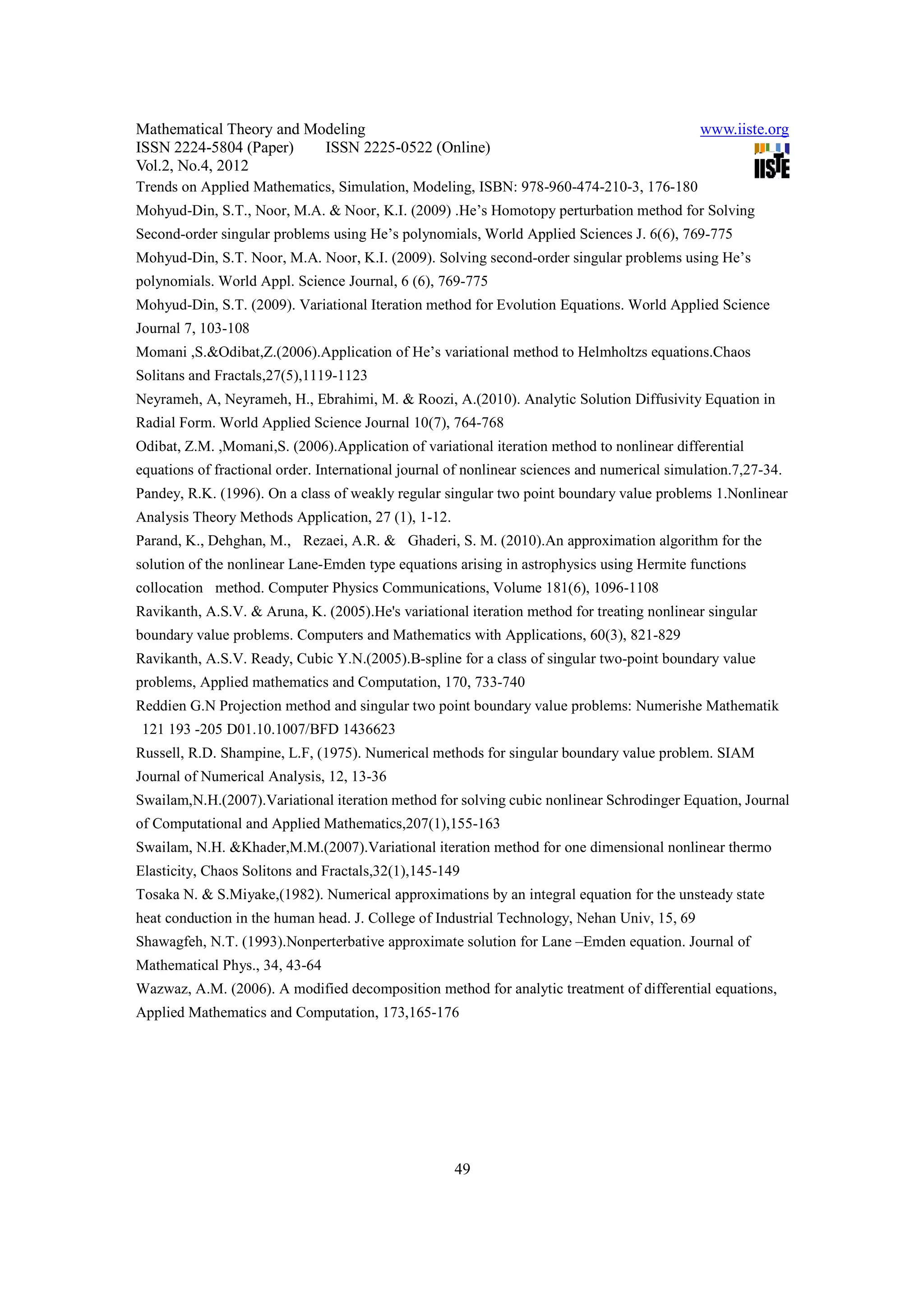 11.solution of a subclass of lane emden differential equation by variational iteration method | PDF