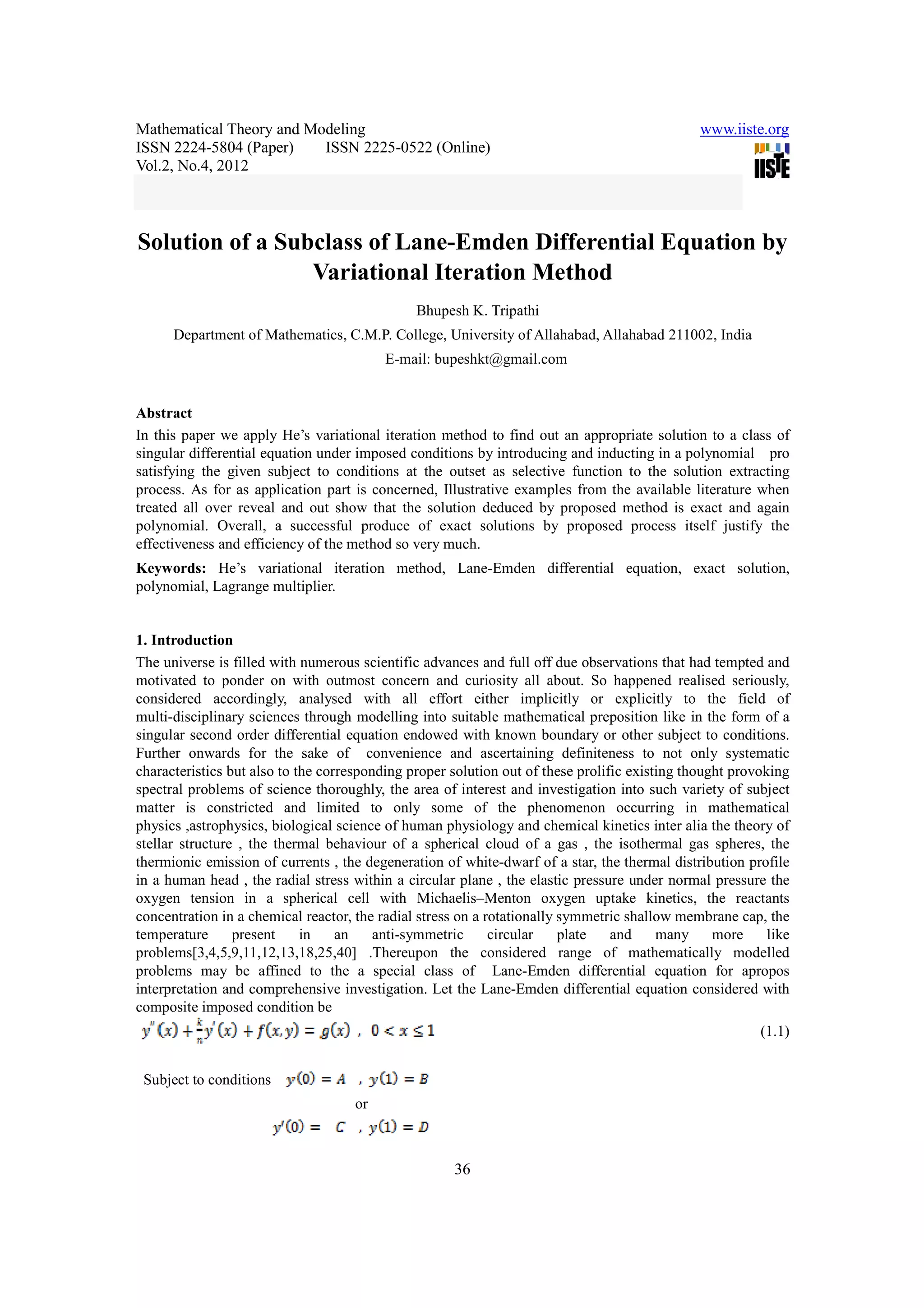 11 Solution Of A Subclass Of Lane Emden Differential Equation By Variational Iteration Method Pdf