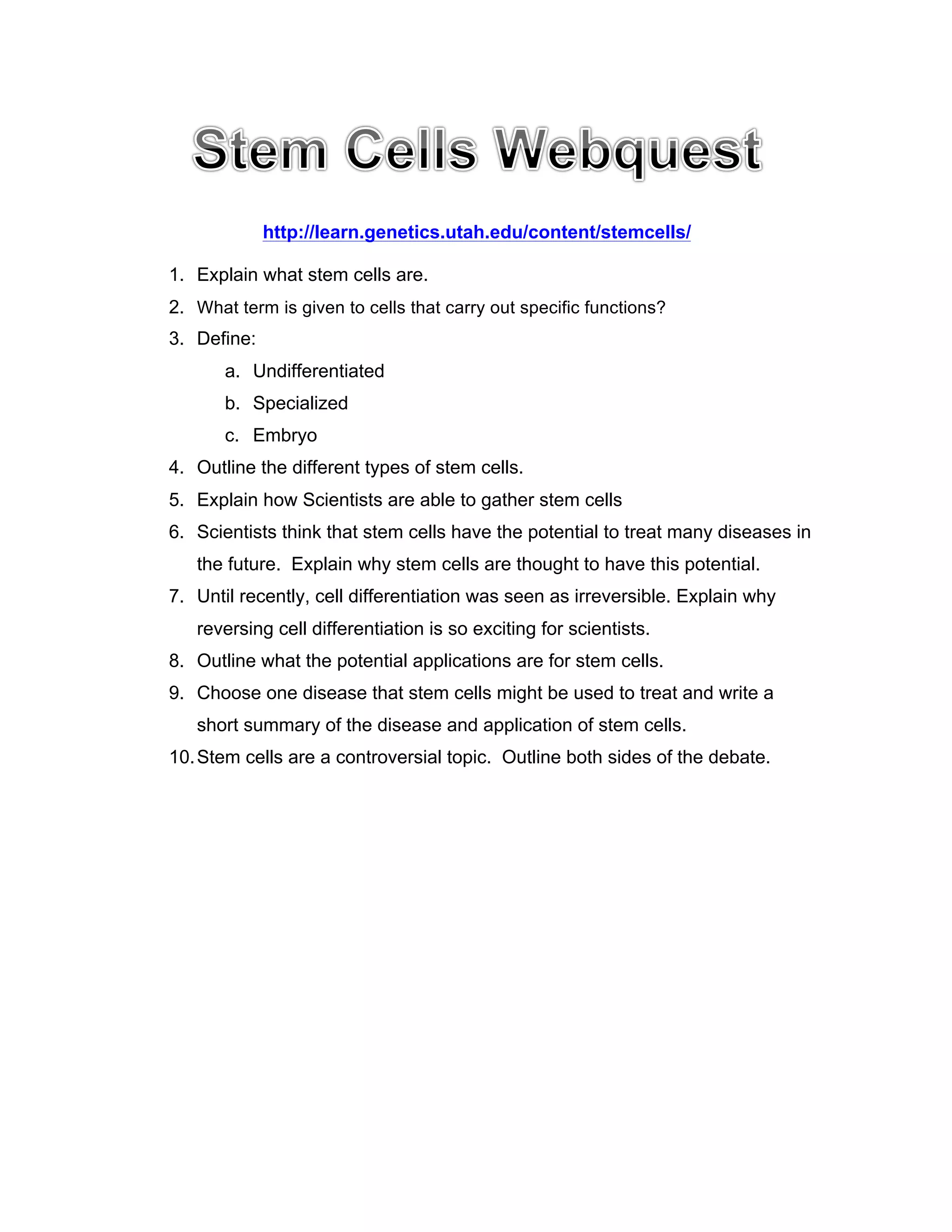 Stem Cells Webquest | PDF