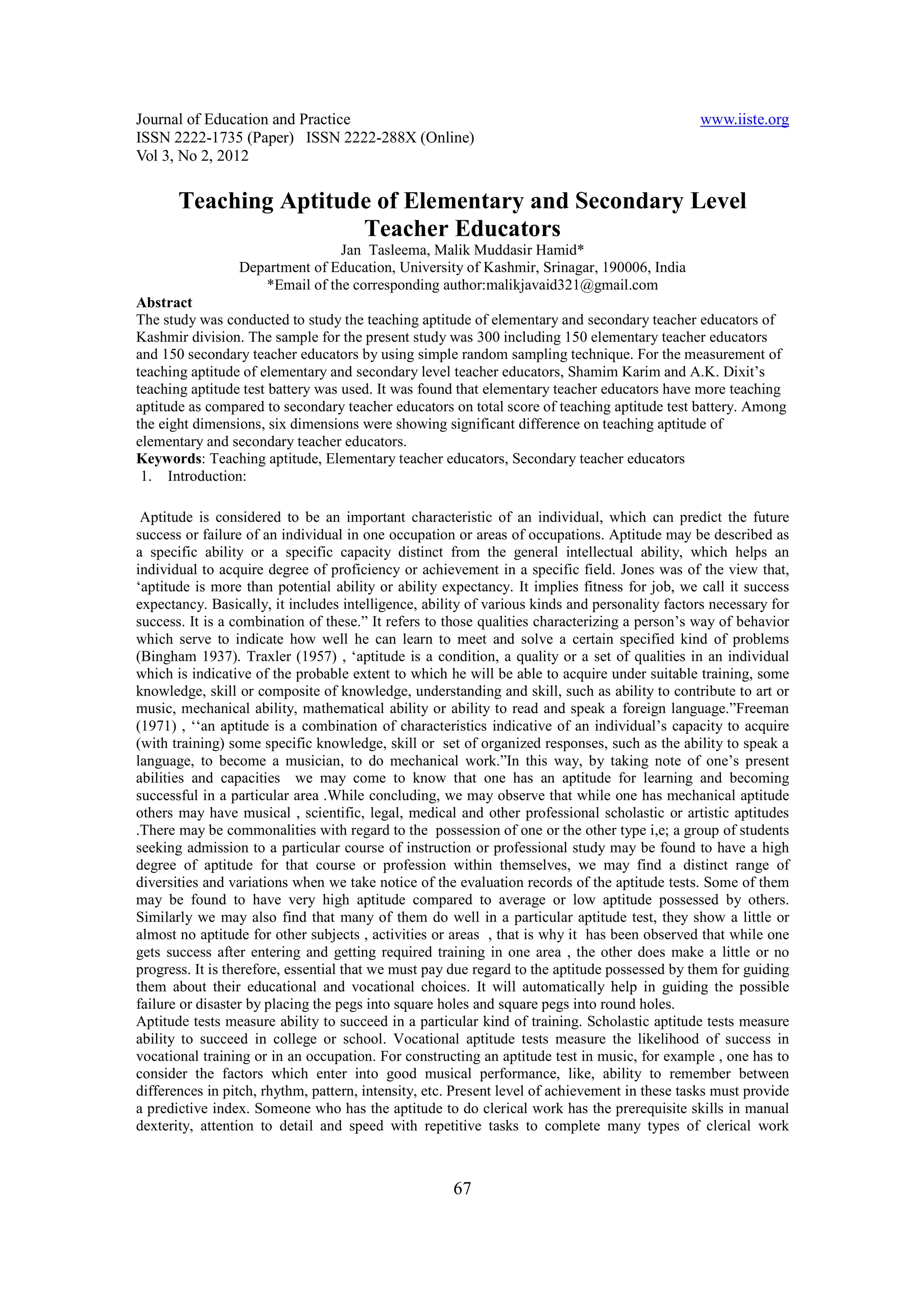 11.teaching aptitude of elementary and secondary level teacher educators | PDF