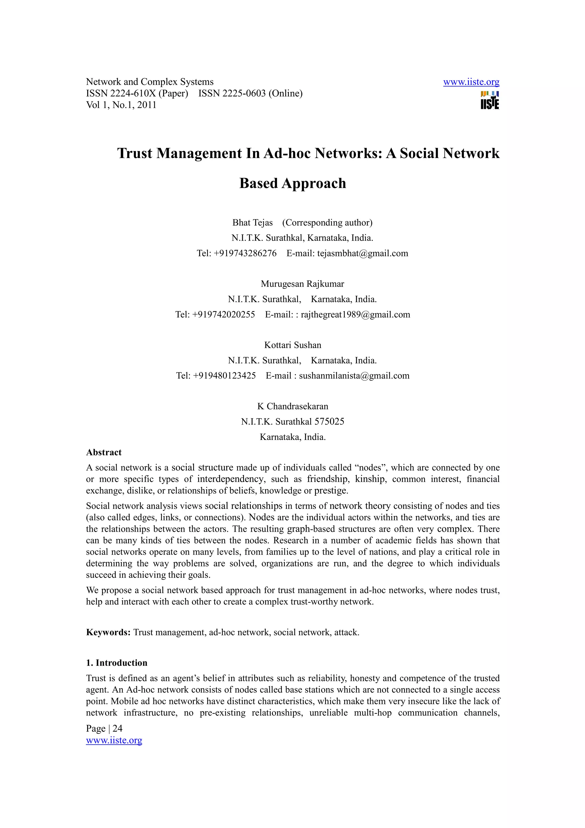 11.trust management in adhoc networks a social network based approach | PDF