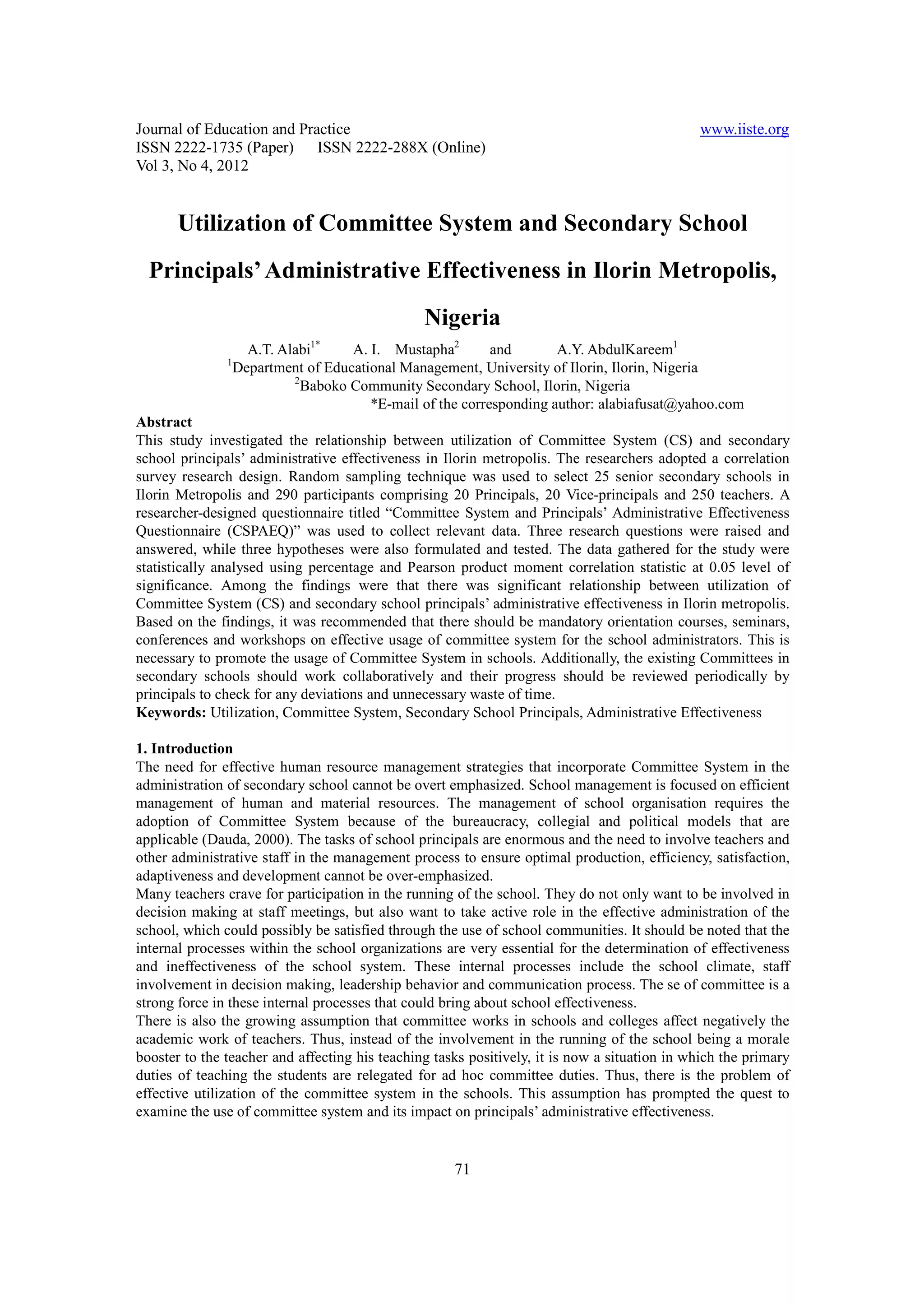 11.utilization of committee system and secondary school principals administrative effectiveness ...