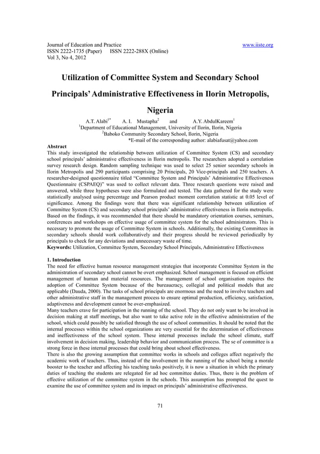 11.utilization of committee system and secondary school principals administrative effectiveness ...