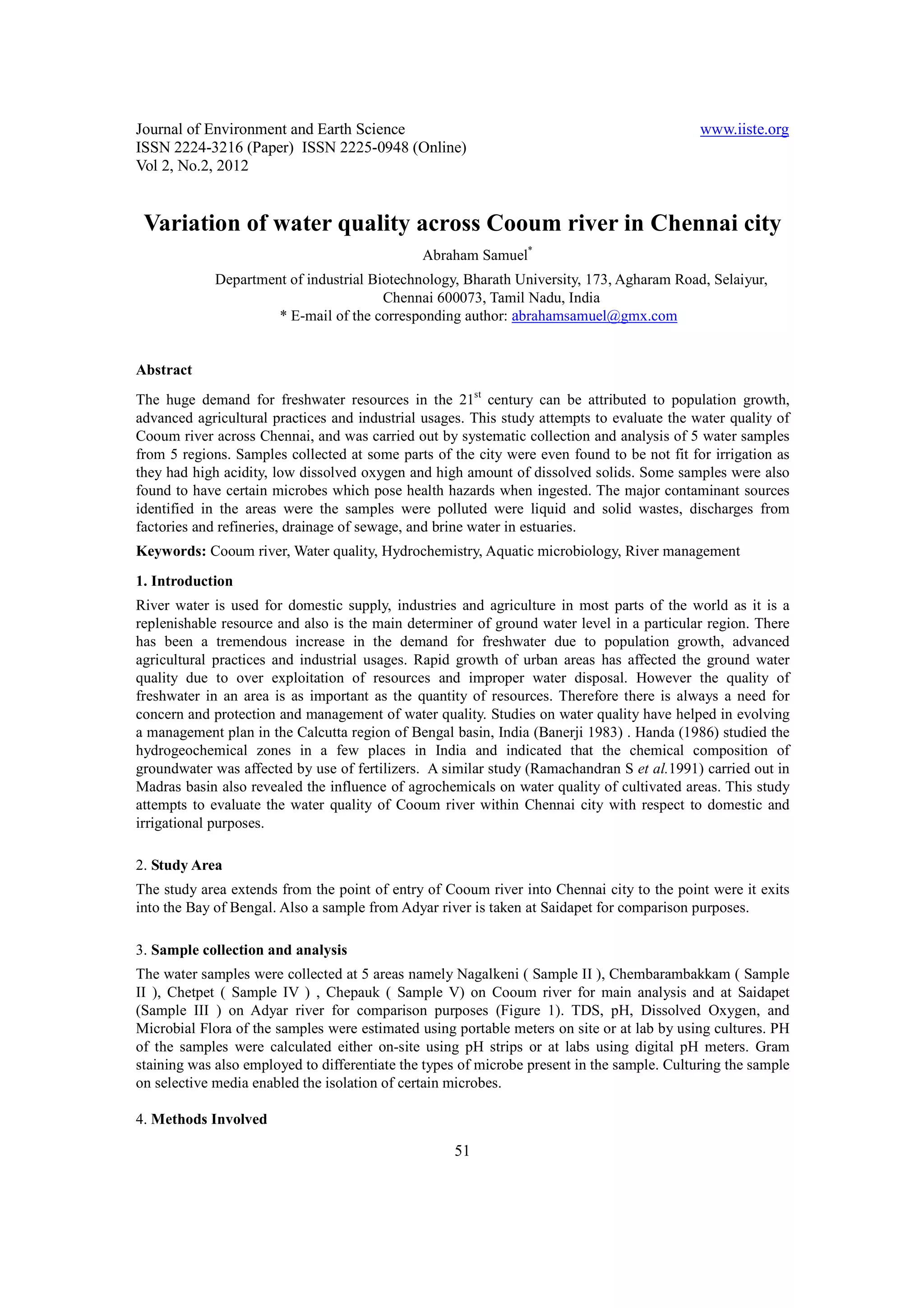 11.variation of water quality across cooum river in chennai city | PDF