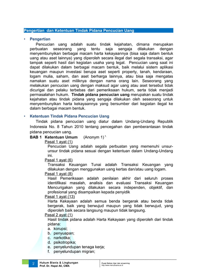 1. HBL, Indah Kayani, Hapzi Ali, Tindak Pidana Pencucian Uang, Universitas Mercu Buana, 2018 | PDF