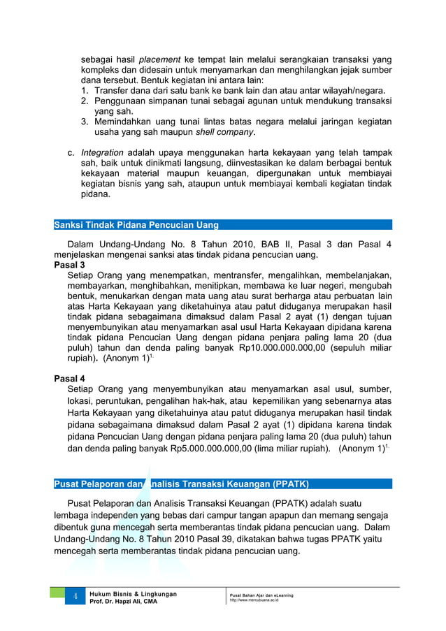 1. HBL, Indah Kayani, Hapzi Ali, Tindak Pidana Pencucian Uang, Universitas Mercu Buana, 2018 | PDF