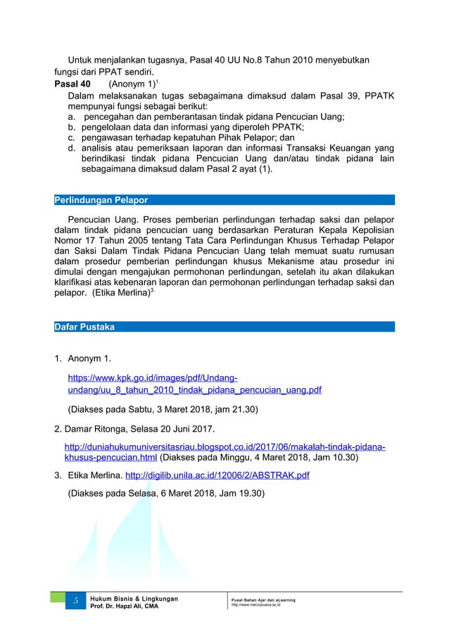 1. HBL, Indah Kayani, Hapzi Ali, Tindak Pidana Pencucian Uang, Universitas Mercu Buana, 2018 | PDF