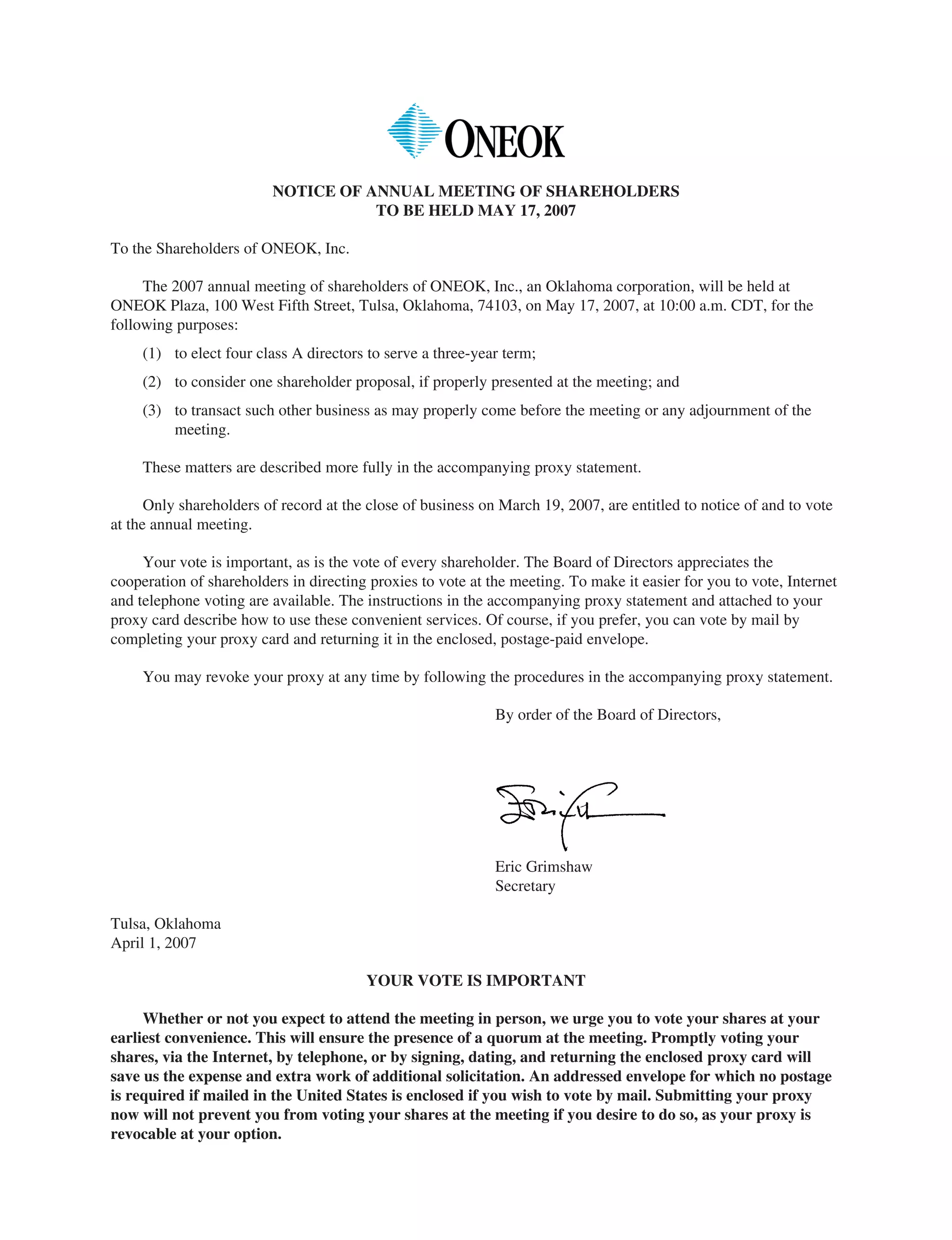 oneok 2007 Proxy Statement | PDF