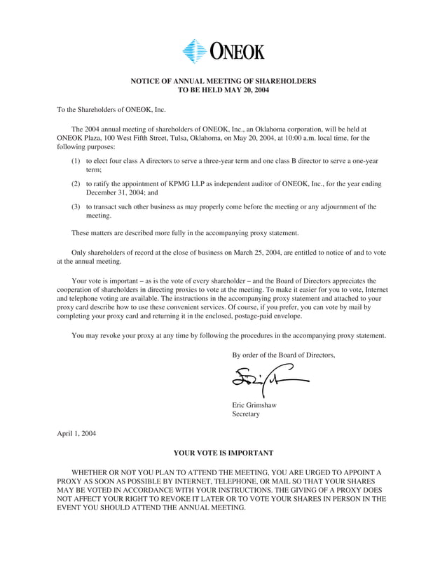 oneok 2004 Proxy Statement | PDF
