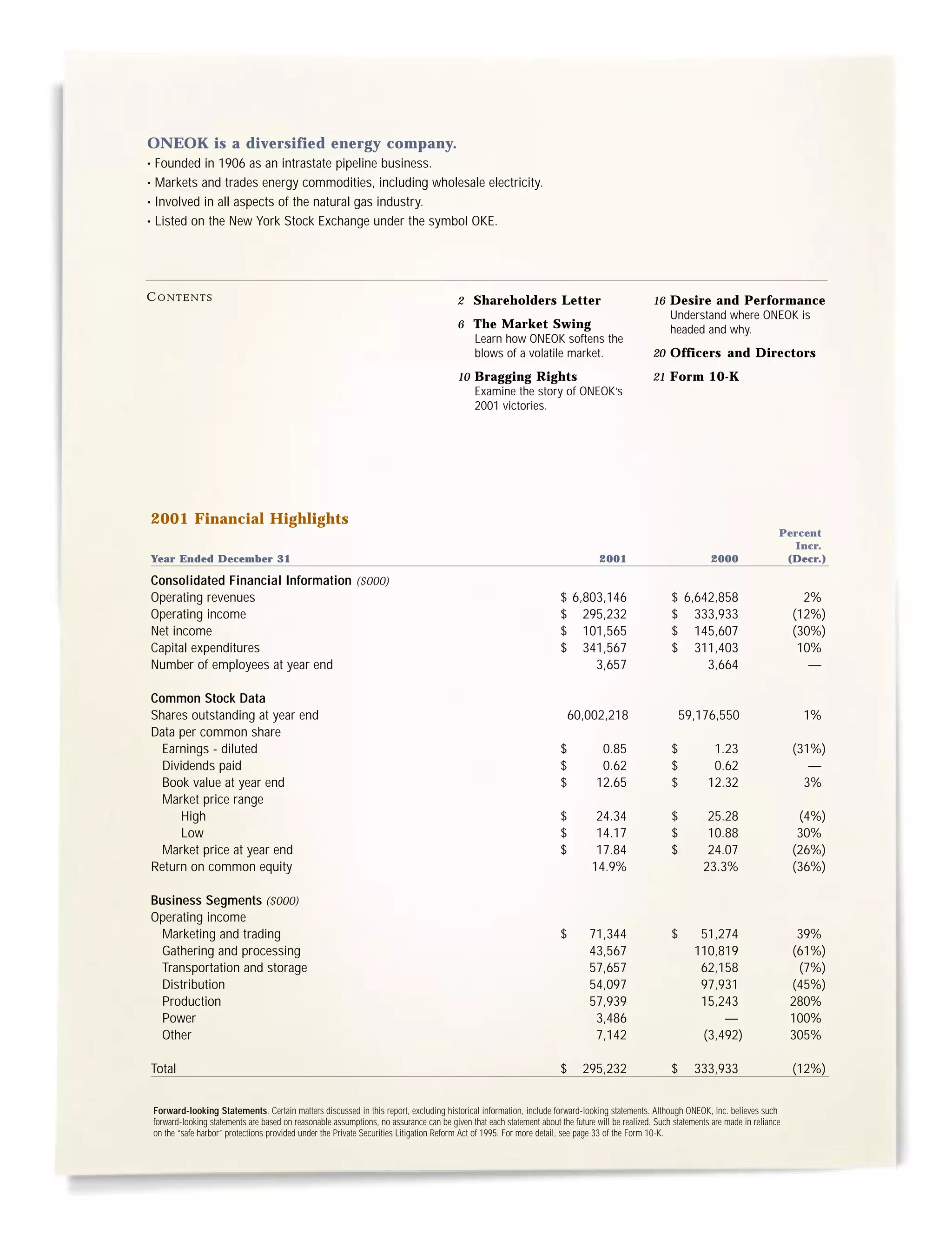 oneok 2001 Annual Report | PDF