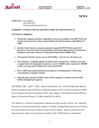 marriott international Press Release and Financial Tables | PDF