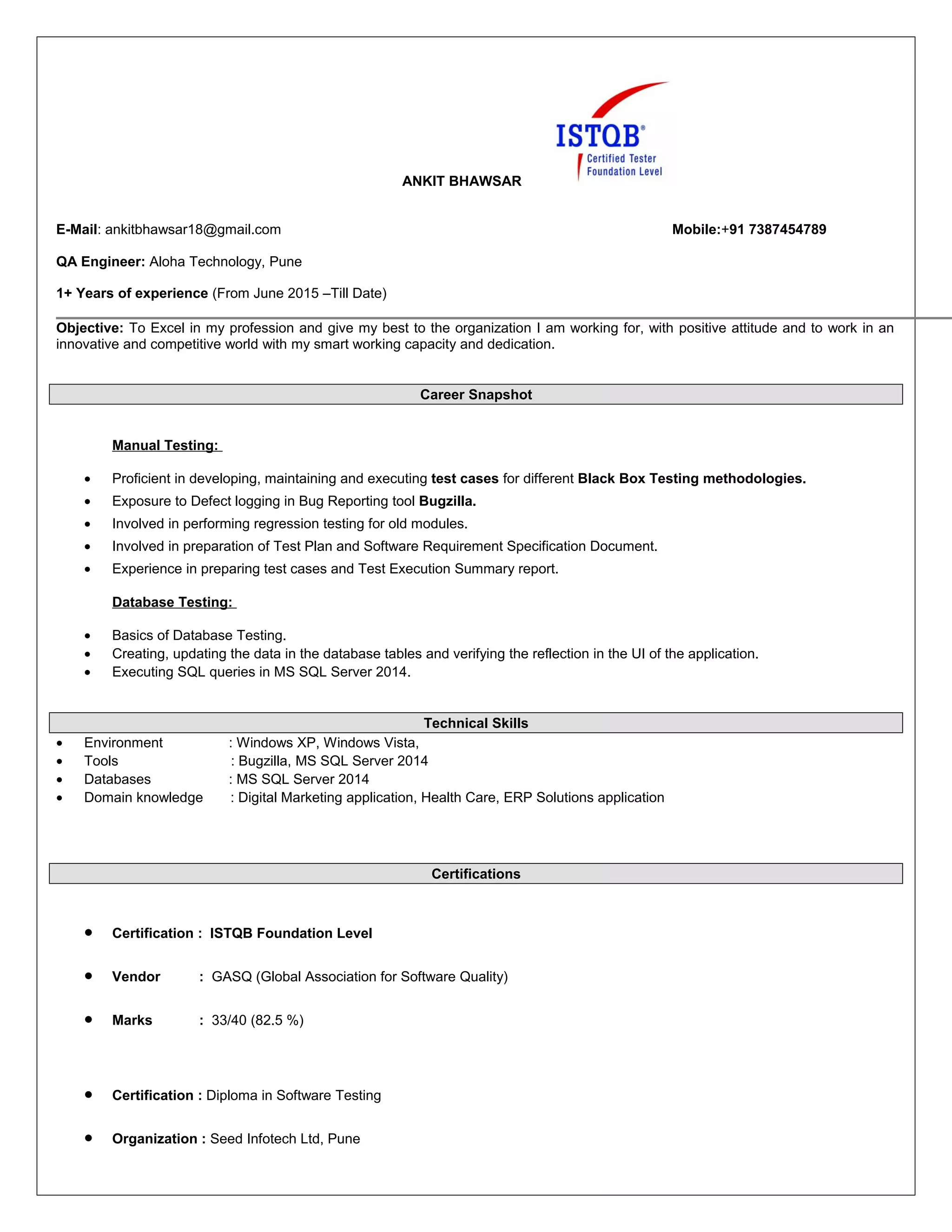 Ankit Bhawsar 1 year Exp | PDF | Free Download