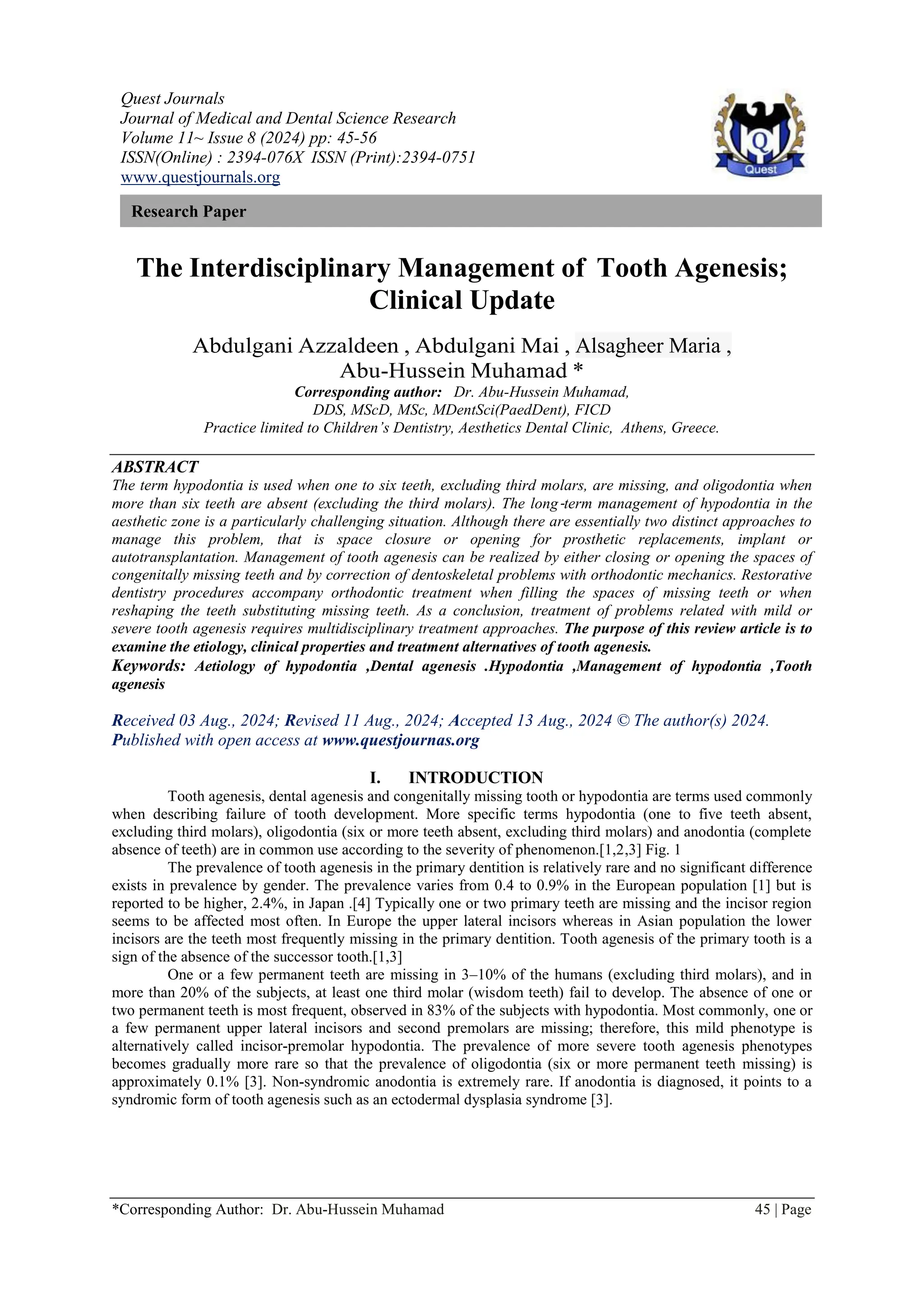 The Interdisciplinary Management of Tooth Agenesis; Clinical Update | PDF