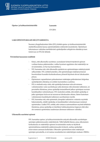 SYL:n lausunto opintotukilain muuttamisesta | PDF