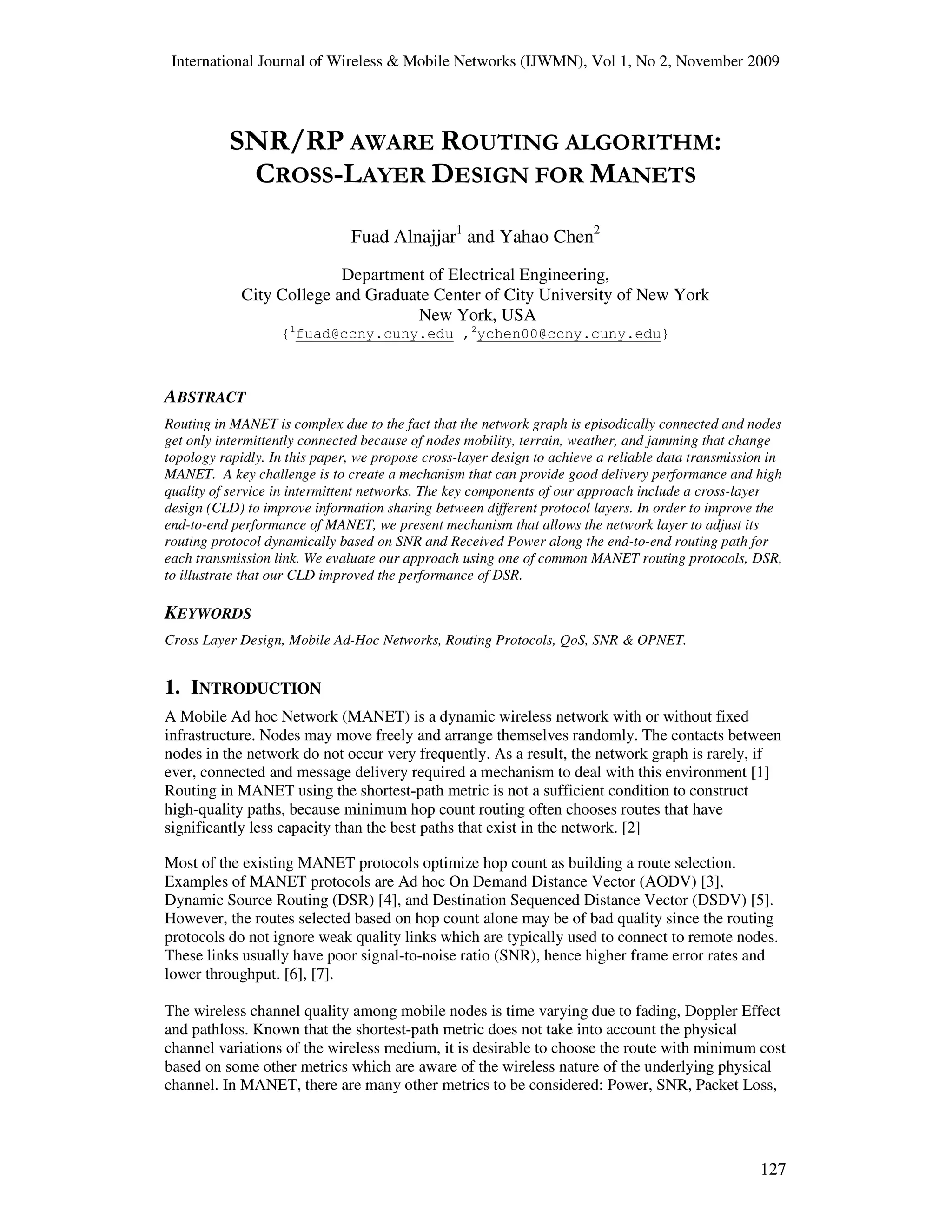 Snr Rp Aware Routing Algorithm Cross Layer Design For Manets Pdf