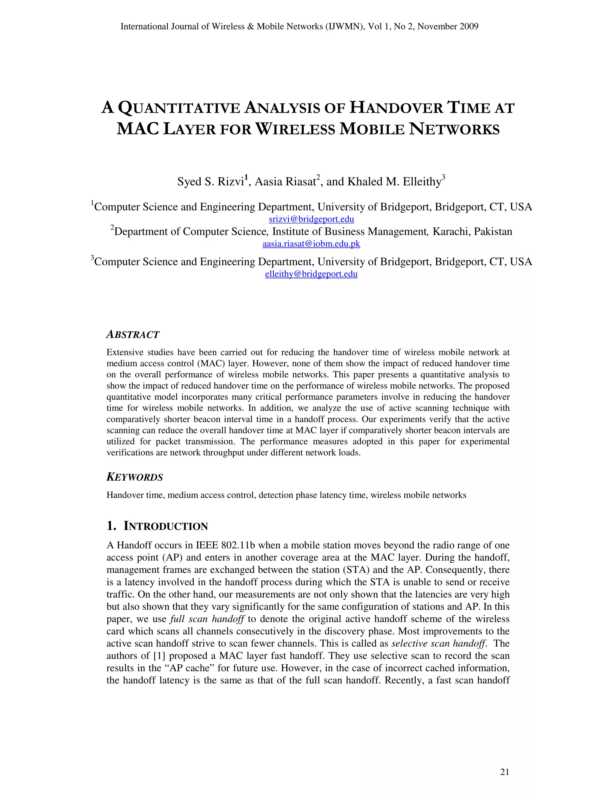 A QUANTITATIVE ANALYSIS OF HANDOVER TIME AT MAC LAYER FOR WIRELESS ...