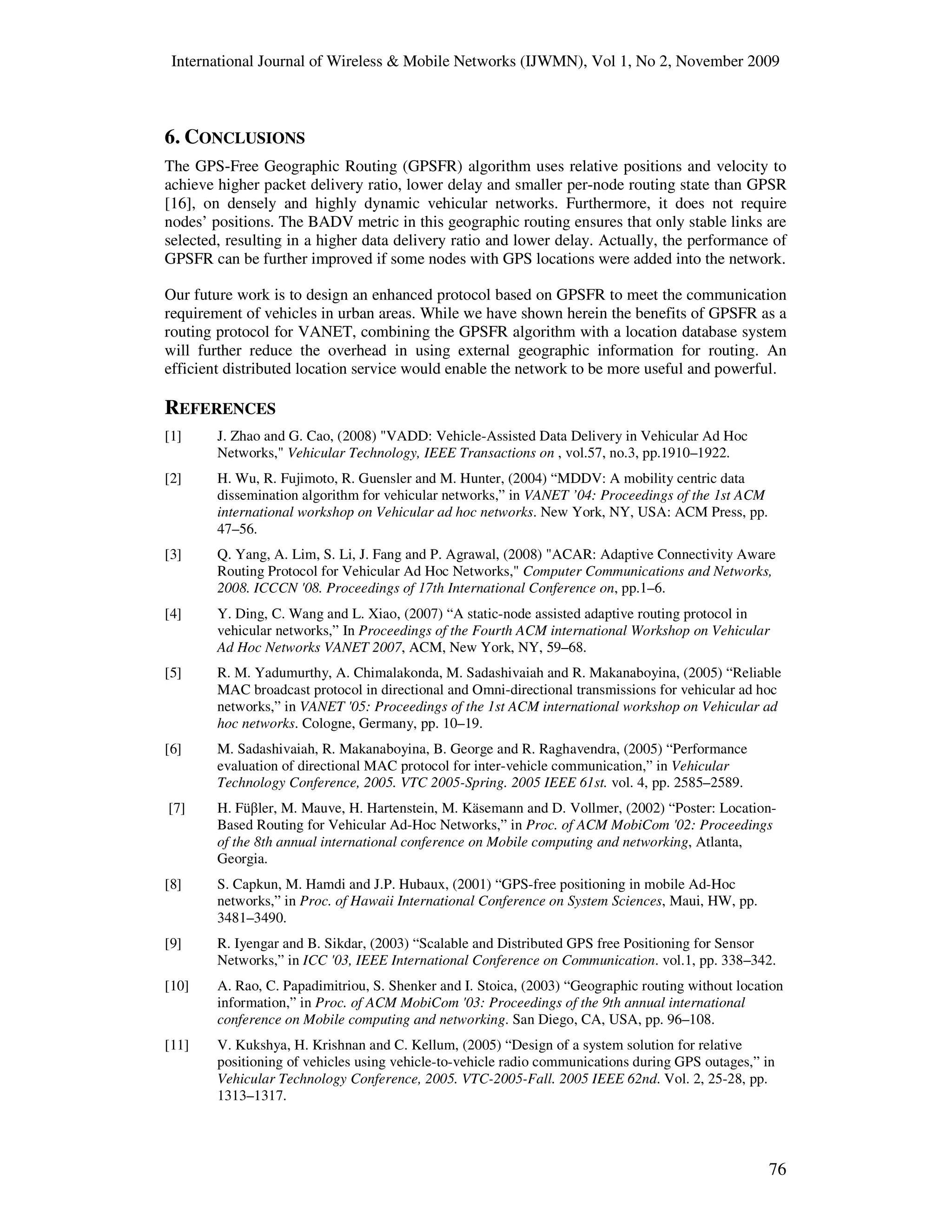 Gpsfr Gps Free Routing Protocol For Vehicular Networks With