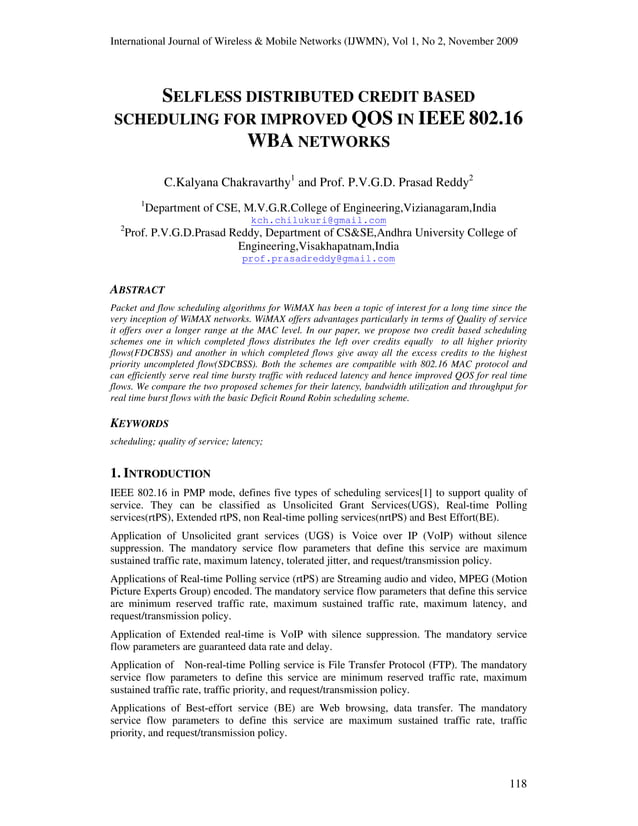 Selfless Distributed Credit Based Scheduling for Improved QOS In IEEE 802.16 WBA Networks | PDF