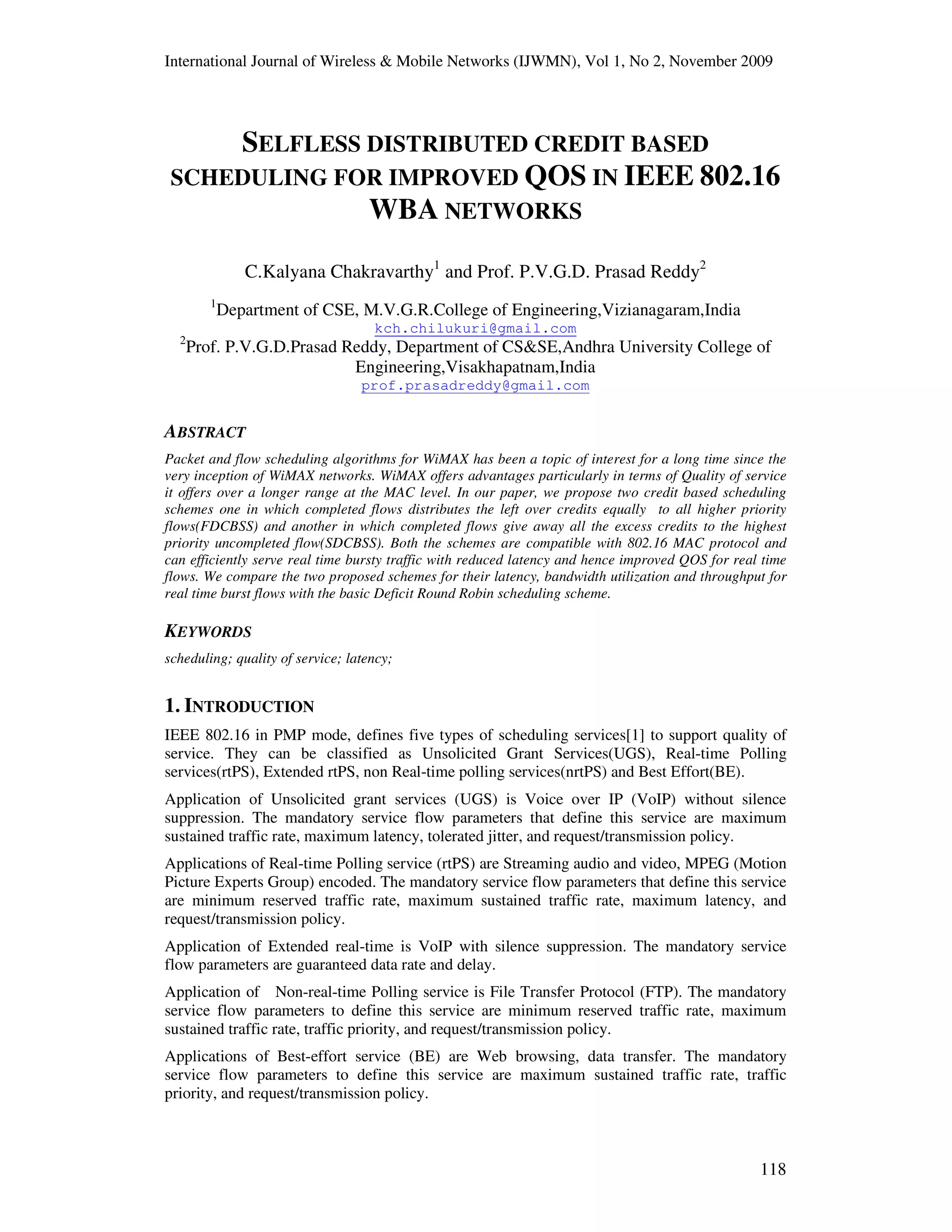 Selfless Distributed Credit Based Scheduling for Improved QOS In IEEE 802.16 WBA Networks | PDF