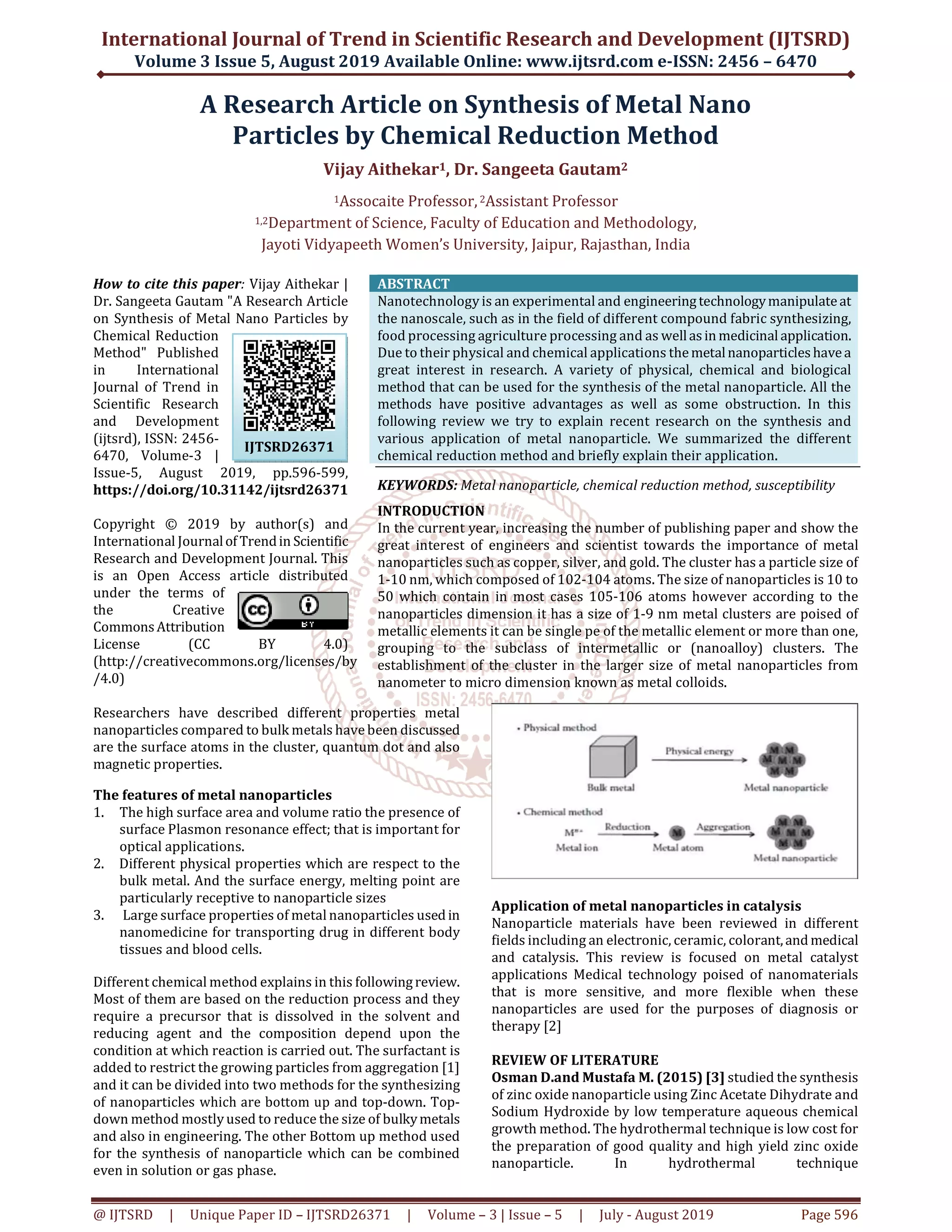 A Research Article on Synthesis of Metal Nano Particles by Chemical ...