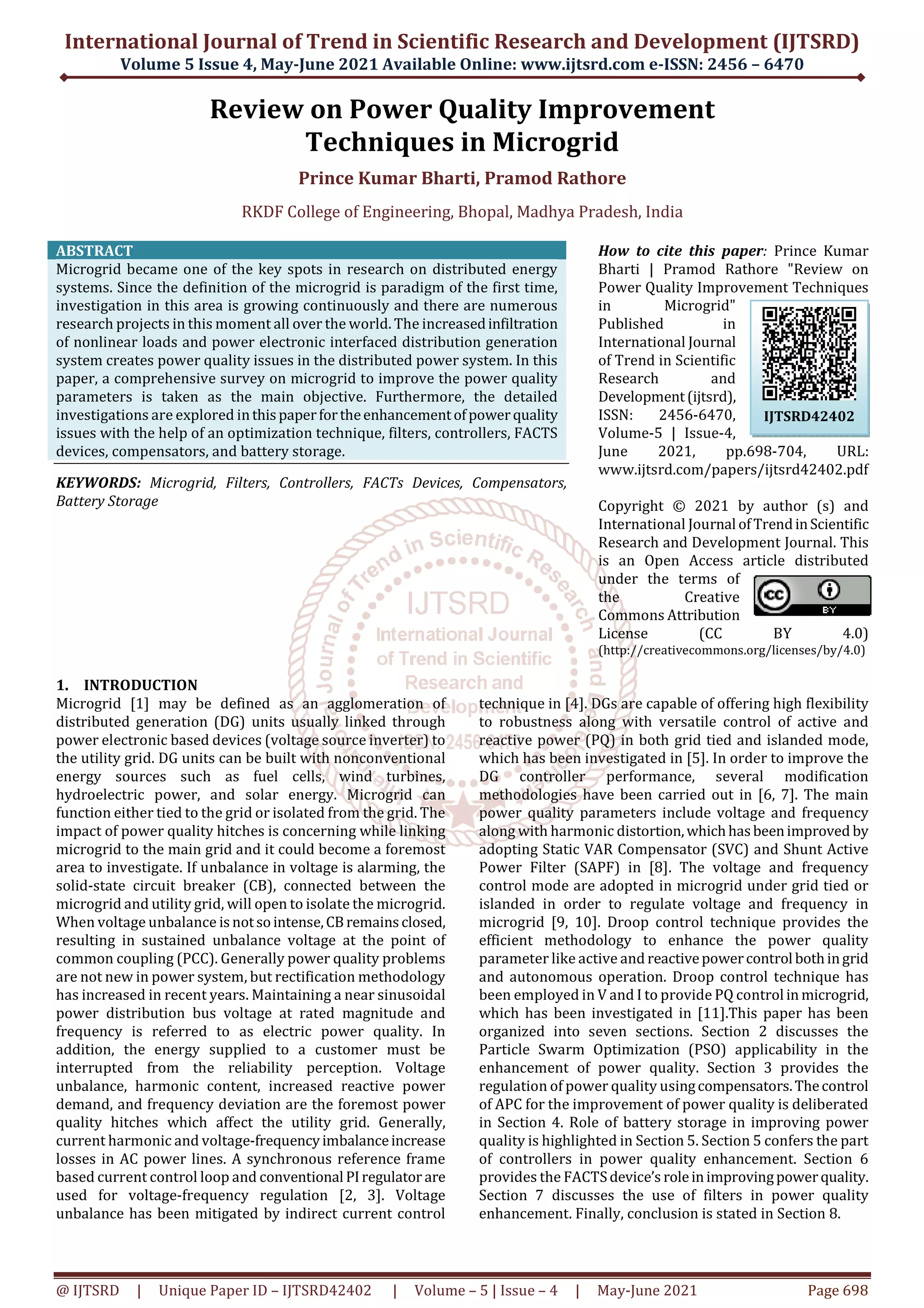 Review on Power Quality Improvement Techniques in Microgrid | PDF