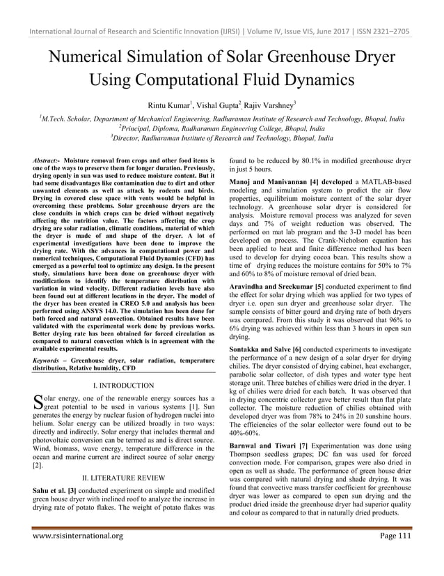 Numerical Simulation of Solar Greenhouse Dryer Using Computational Fluid Dynamics | PDF