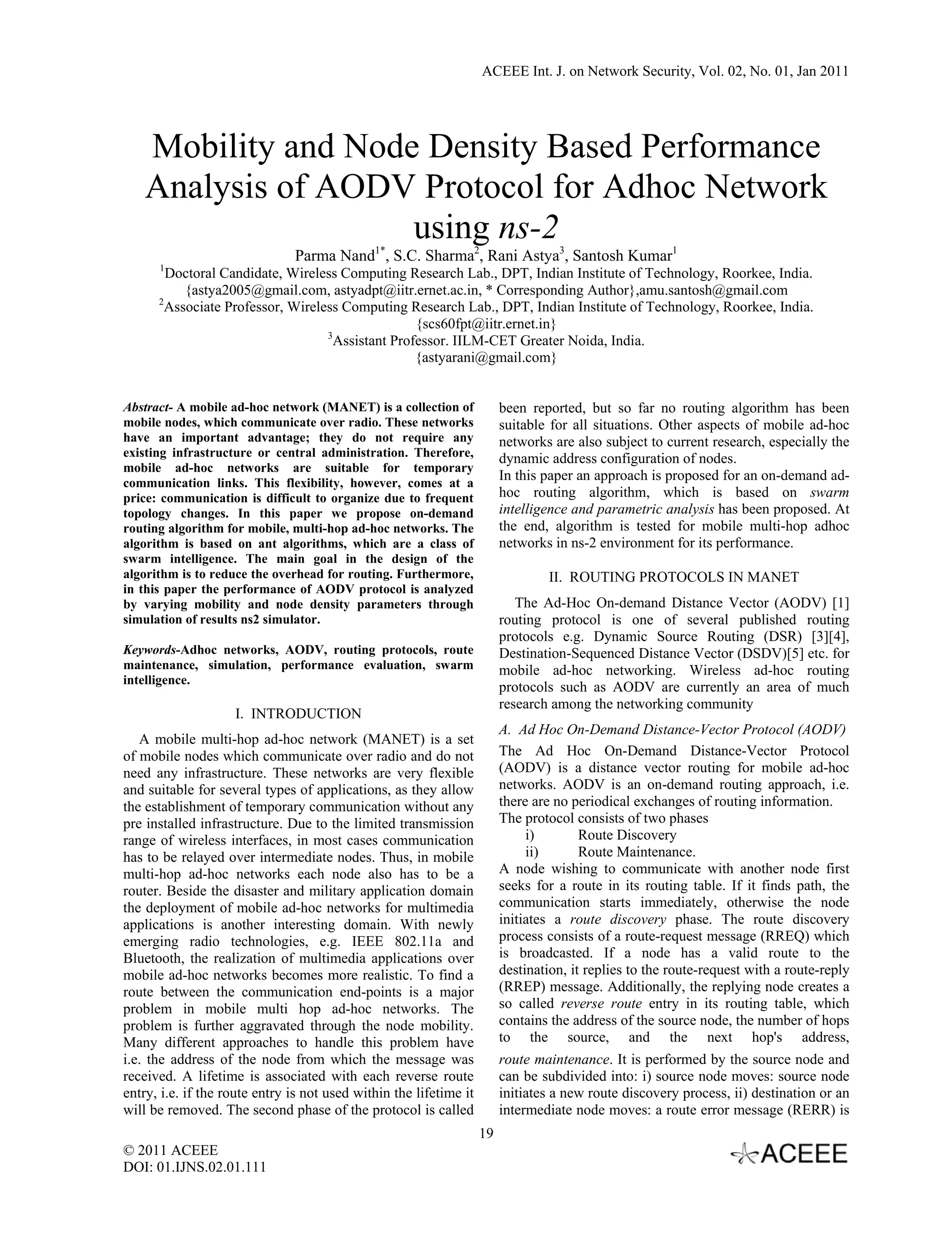 Mobility and Node Density Based Performance Analysis of AODV Protocol for Adhoc Network using ns ...