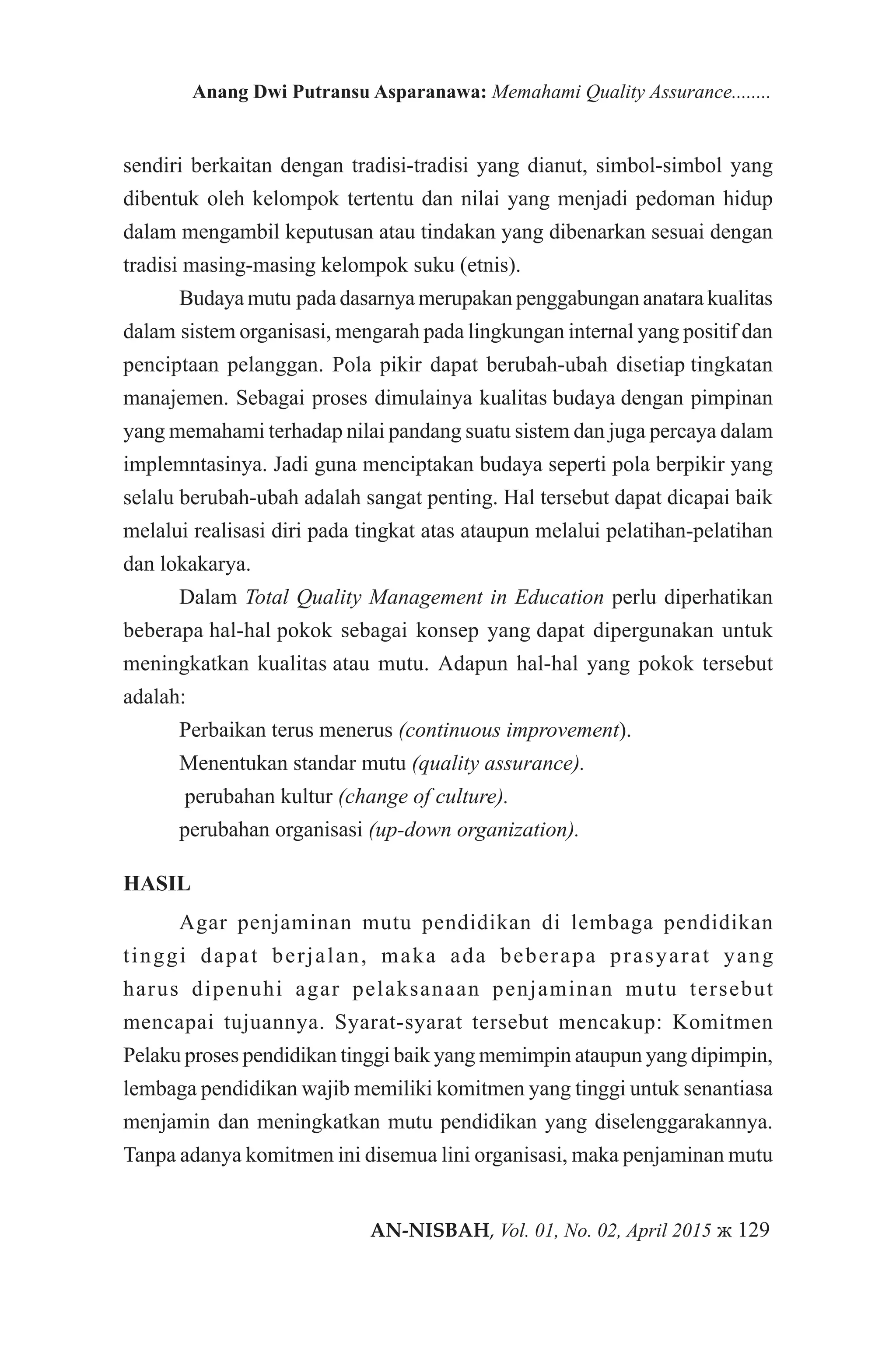 MEMAHAMI QUALITY ANSSURANCE MENJADIKAN BUDAYA MUTU PERGURUAN TINGGI | PDF