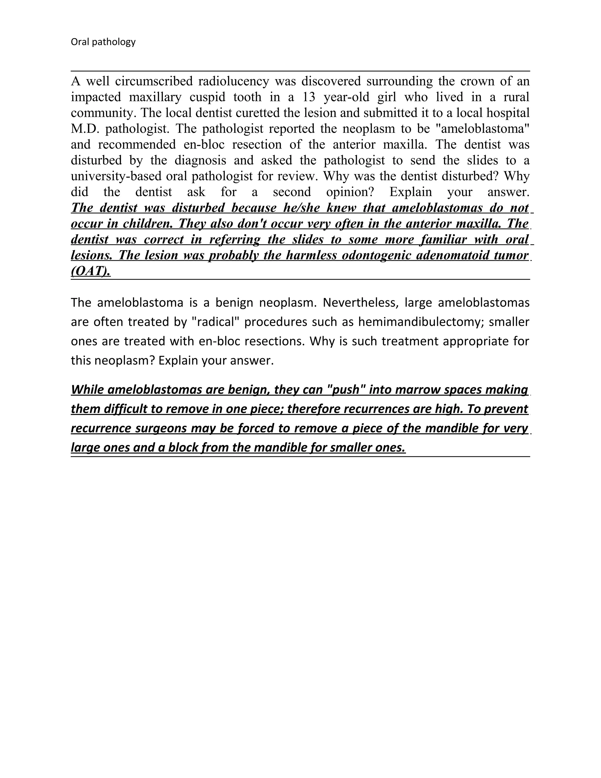 Oral Pathology Summary | DOC