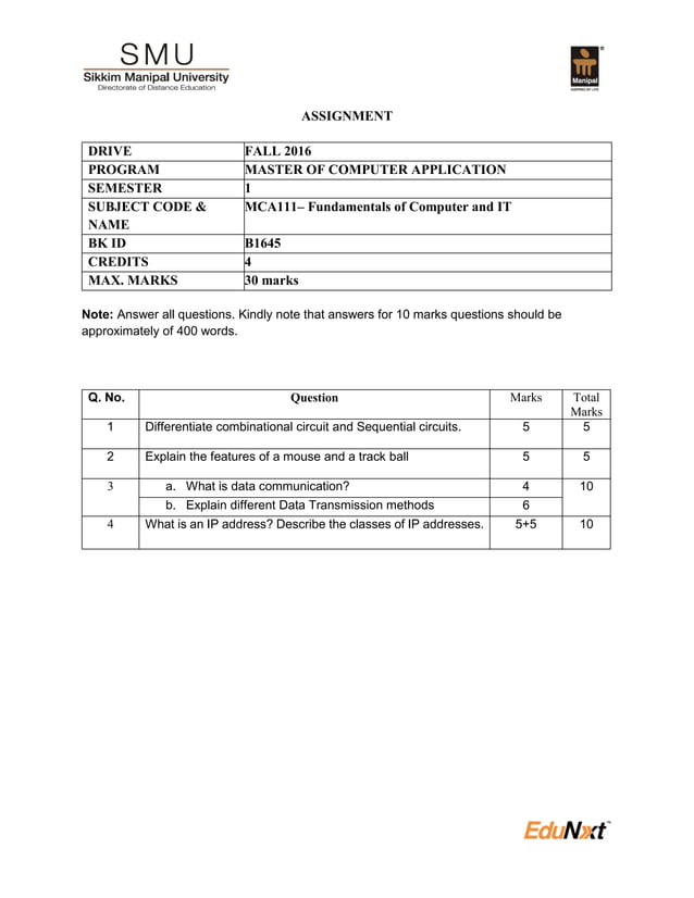 SMU MCA SEM 1 FALL 2016 ASSIGNMENTS | PDF