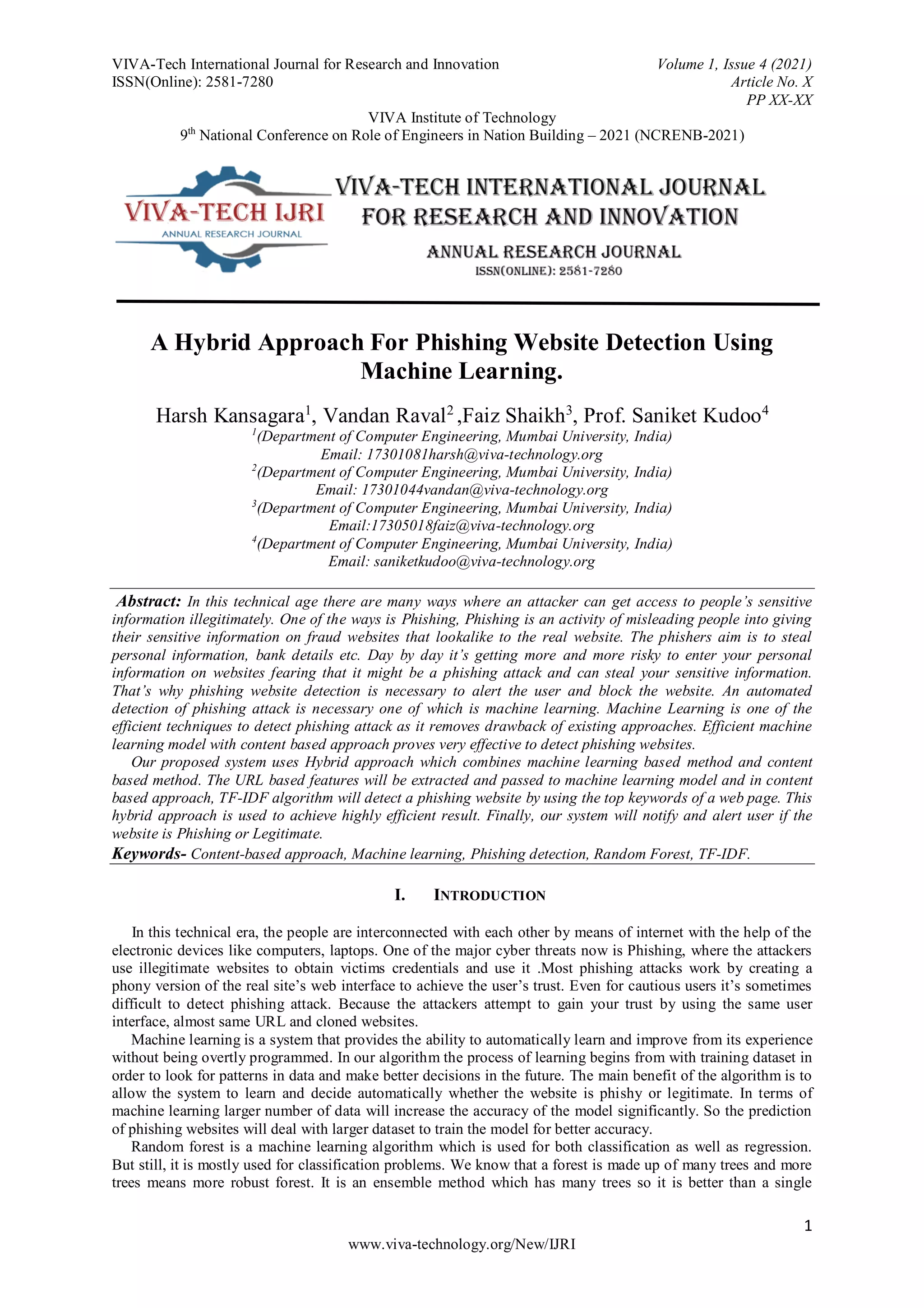 A Hybrid Approach For Phishing Website Detection Using Machine Learning