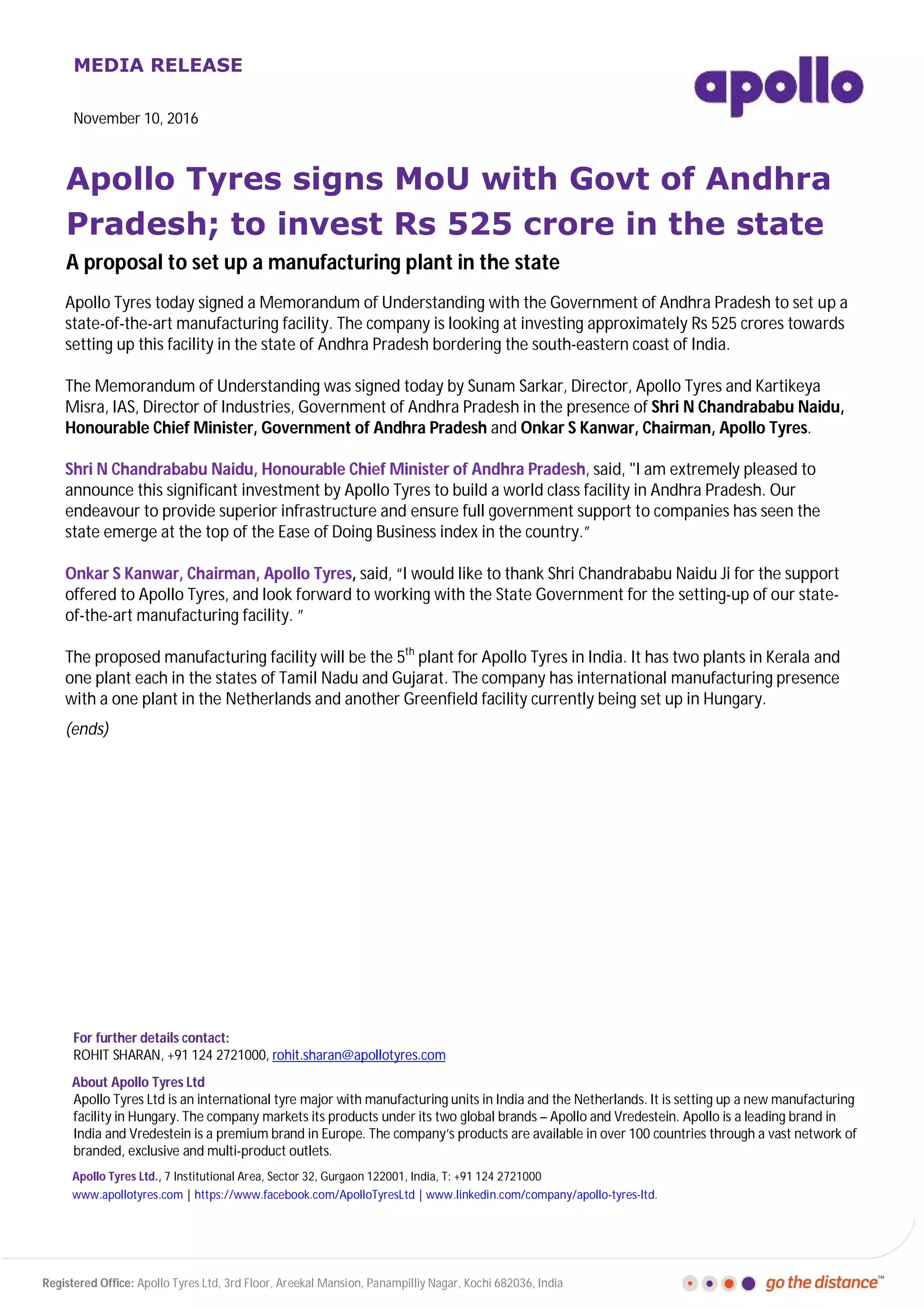 Apollo Tyres MoU with Andhra Pradesh - Press Release | PDF