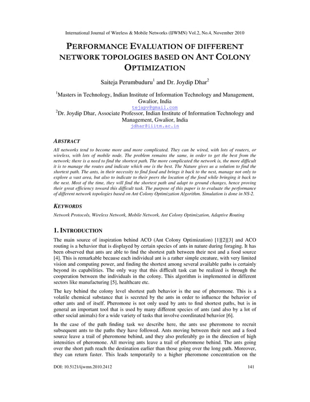 Performance Evaluation of Different Network Topologies Based On Ant Colony Optimization | PDF