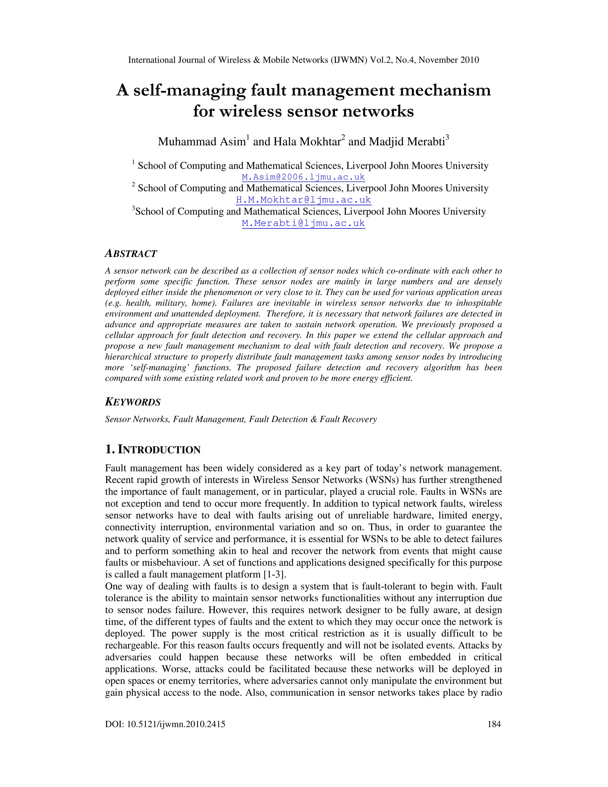 A self-managing fault management mechanism for wireless sensor networks | PDF | Internet of ...
